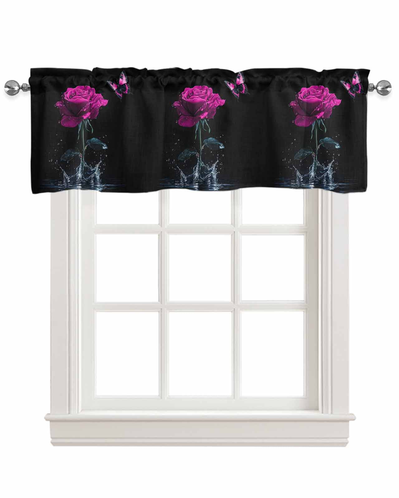 Pink Roses Kitchen Valances for Windows Farmhouse Linen Window Valance ...