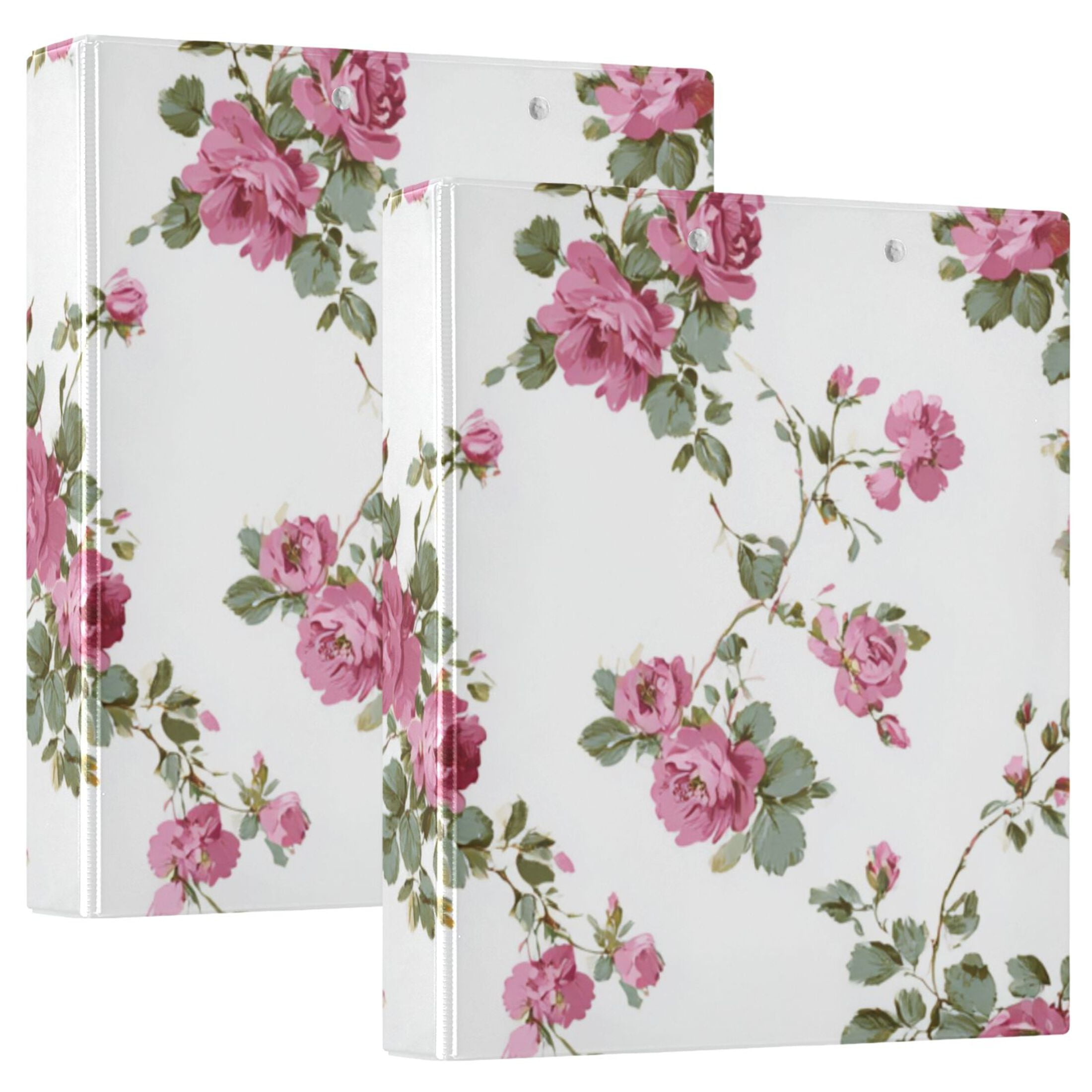 Pink Roses Leaves White Background Round Ring Binder 3 Rings 1.5 ...
