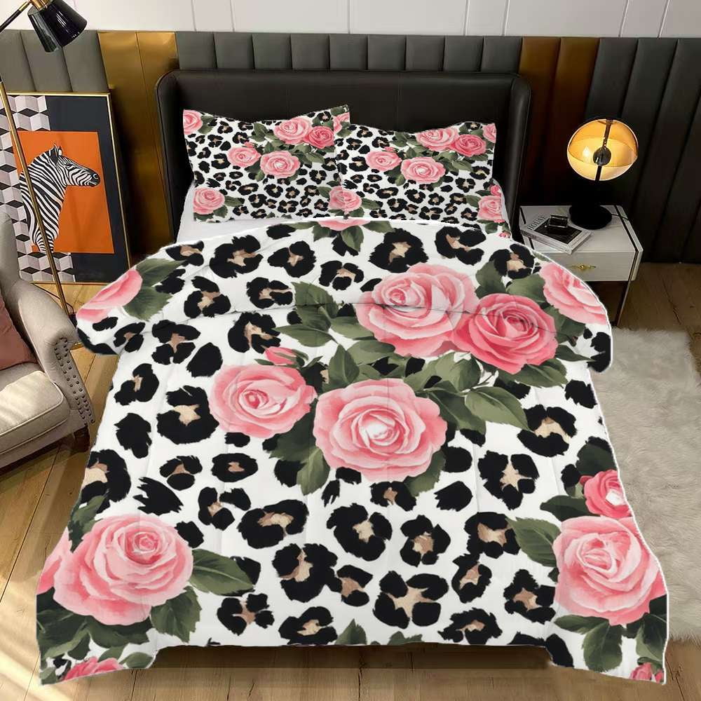 Pink Roses Leopard Print Fabric Comforter Set Queen Size Bedding Set ...