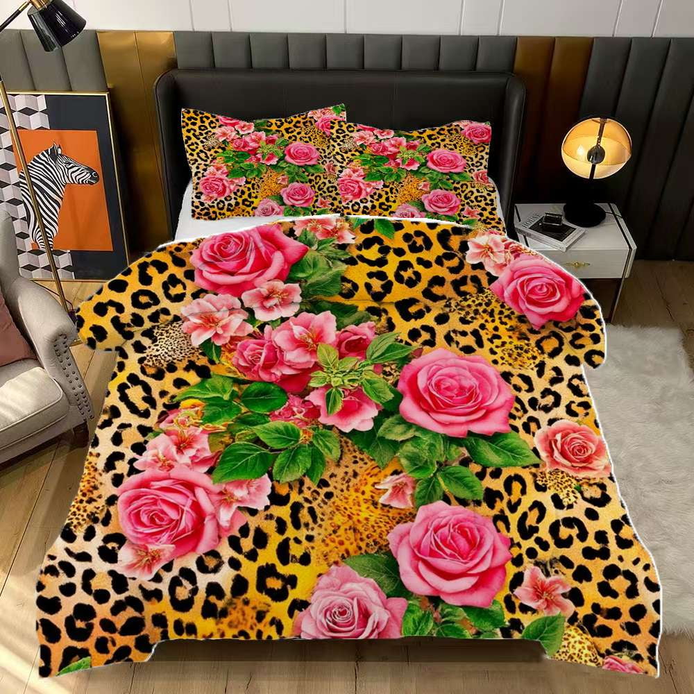 Pink Roses Leopard Print Fabric Comforter Set Queen Size Bedding Set ...