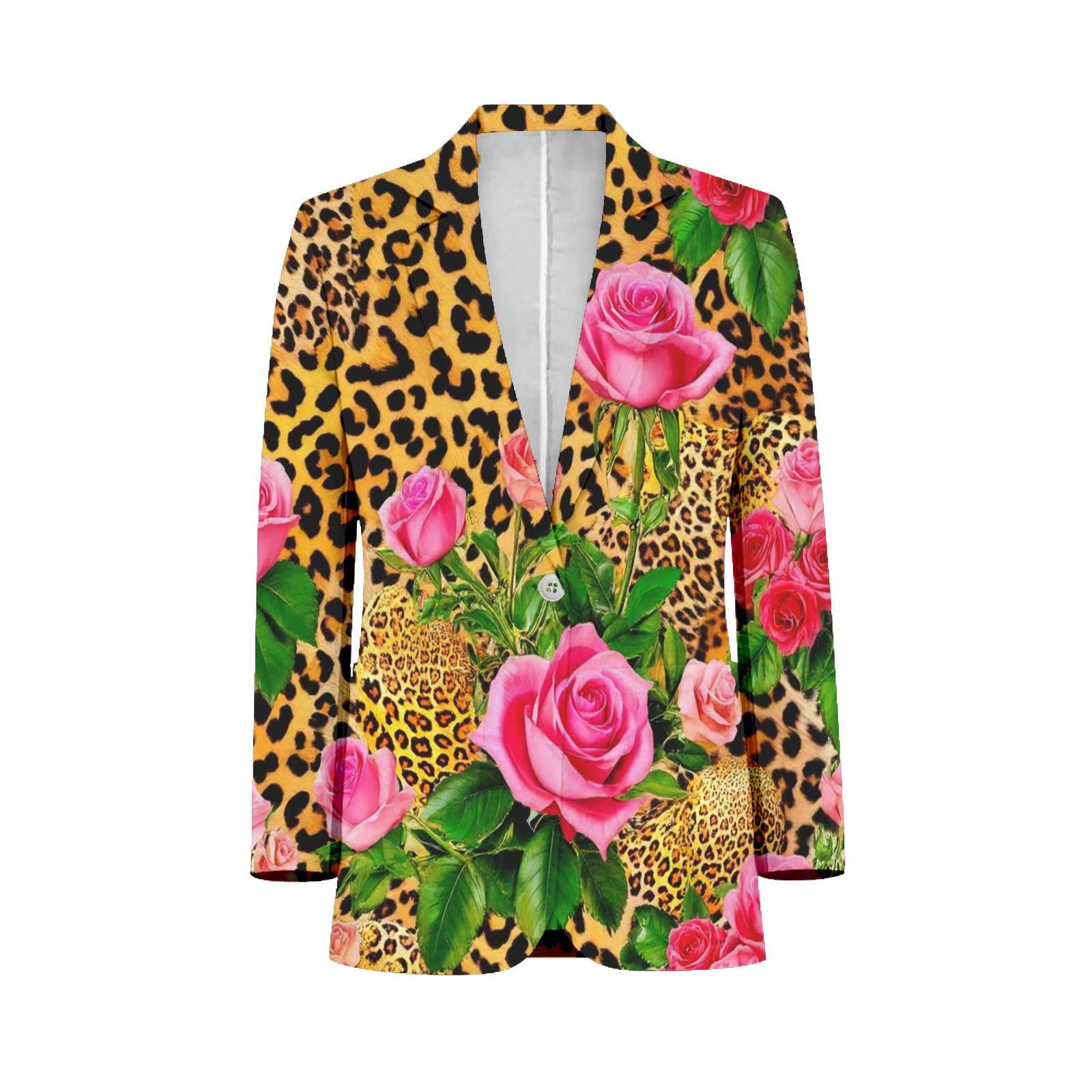 Pink Roses Leopard Print Fabric Mens Suits Shawl Collar Slim Fit Suit ...