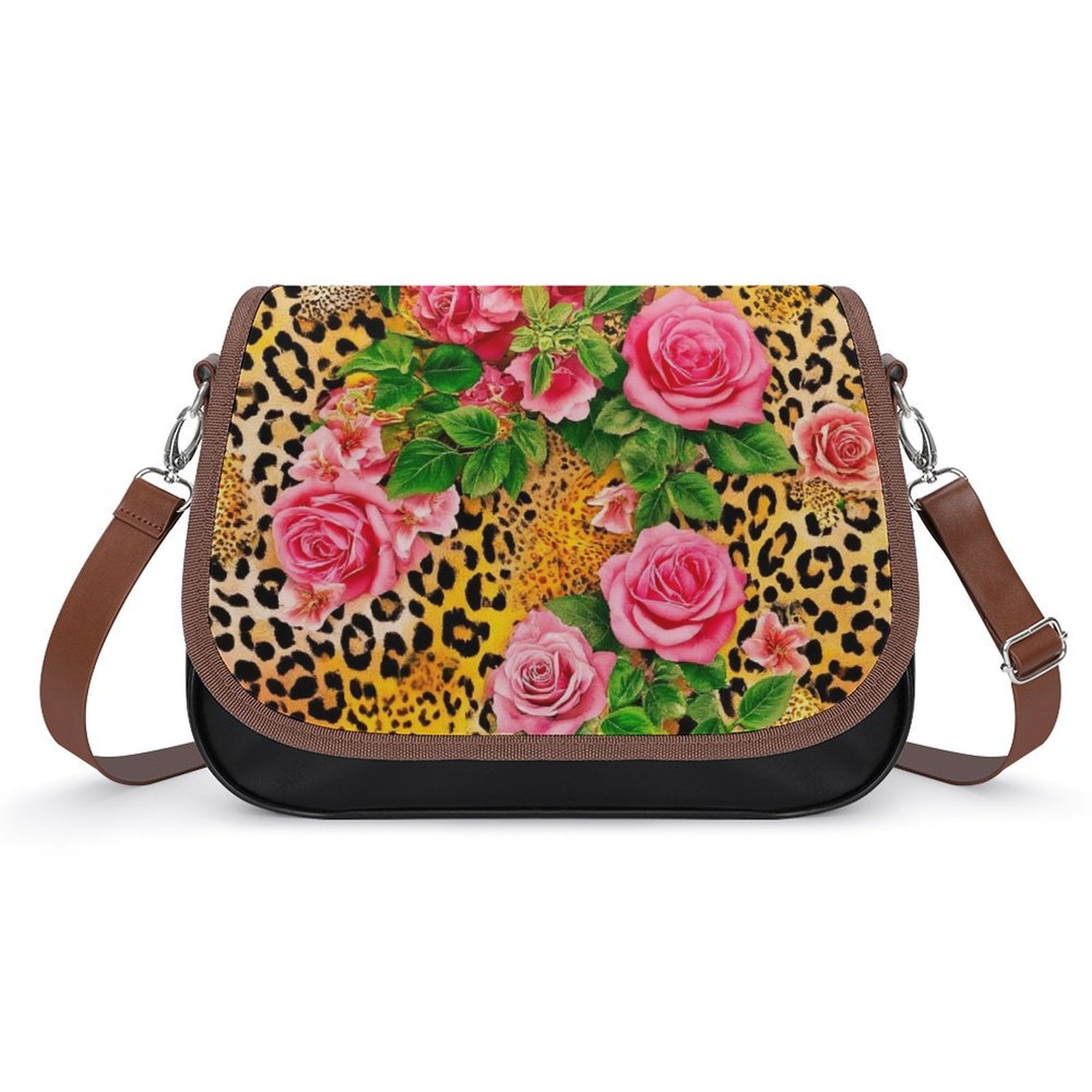 Pink Roses Leopard Print Fabric Vintage Crossbody Bag For Women Medium ...