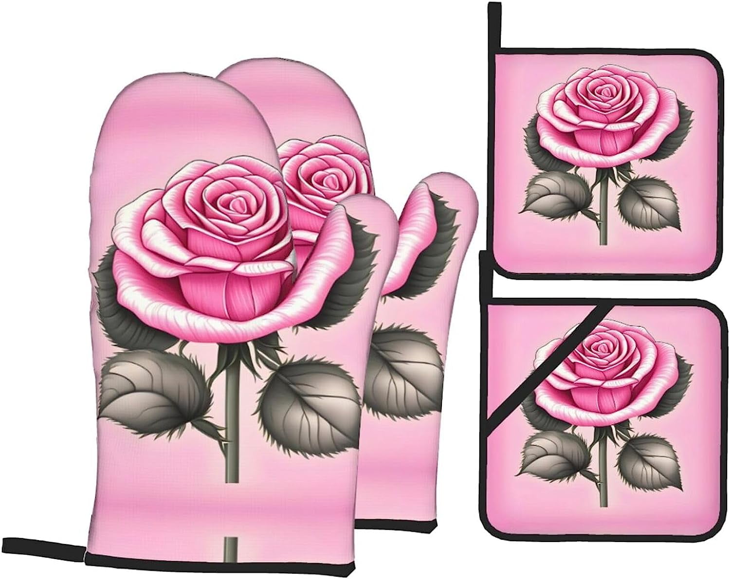 Pink Roses Oven Mitt and Pot Holder Set Heat Resistant Oven Mitt Grill ...