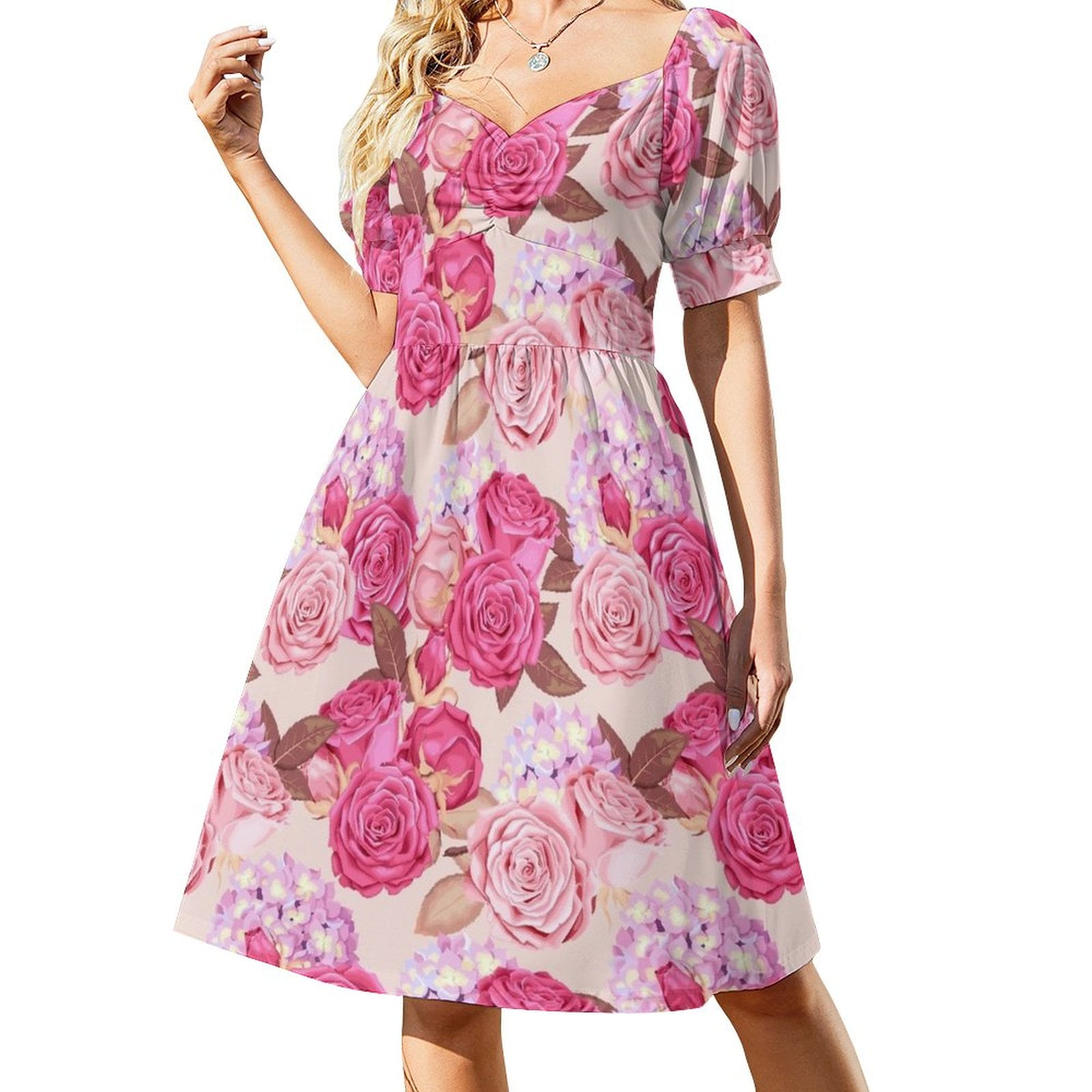 Pink Roses Painting & Purple Hydrangea Flowers Dress summer dresses ...
