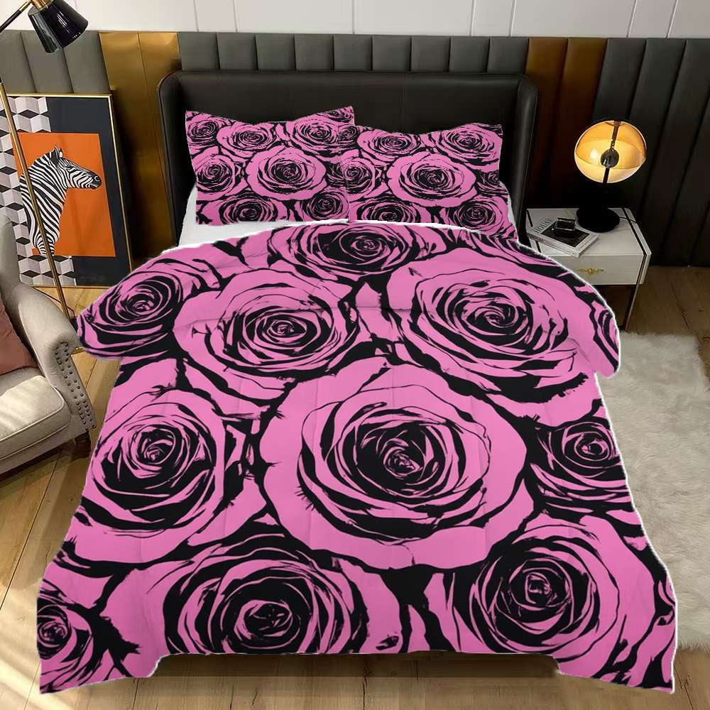 Pink Roses Print Comforter Set Queen Size Bedding Set For Travl Bedroom ...