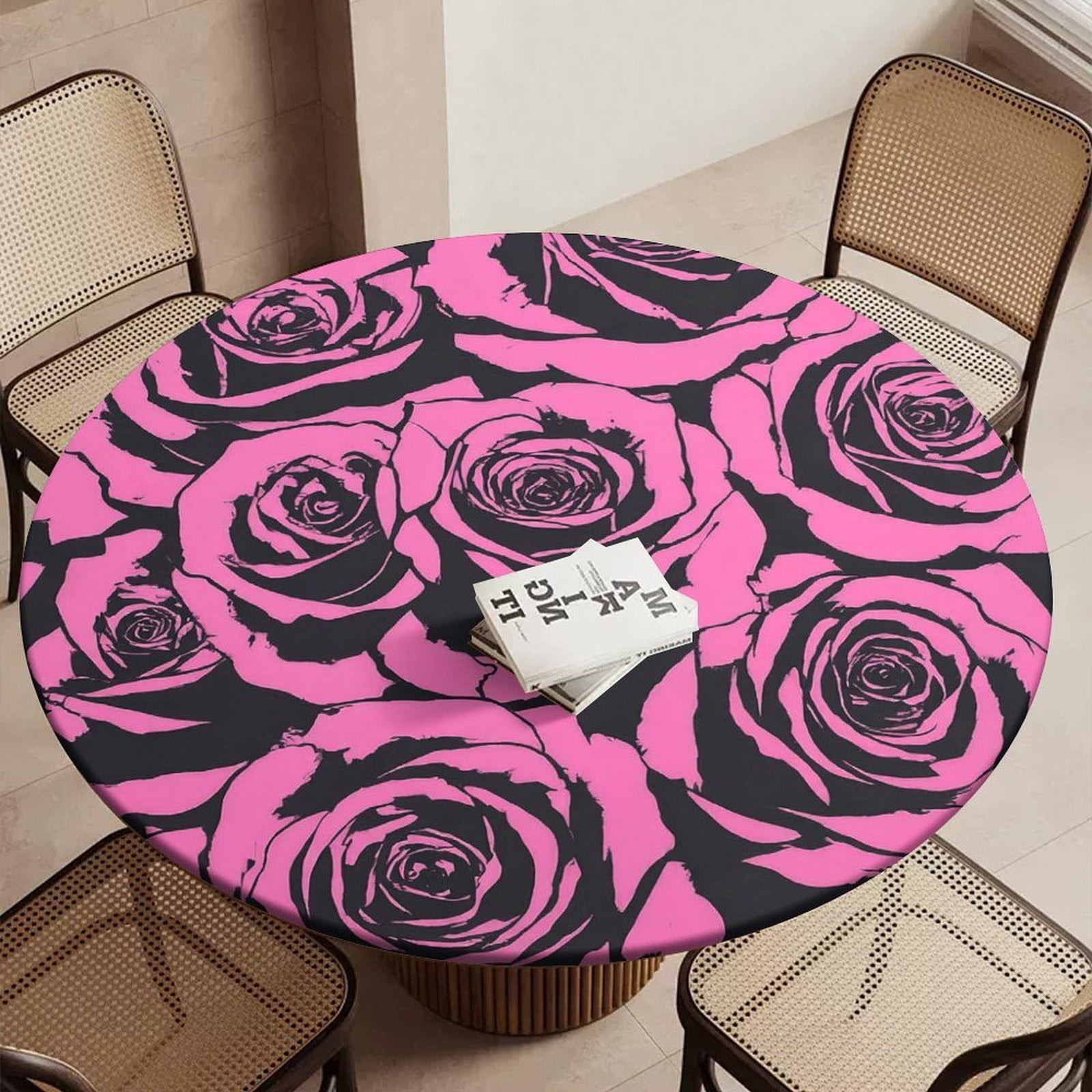 Pink Roses Print Round Table Cover Kitchen Printed Waterproof ...