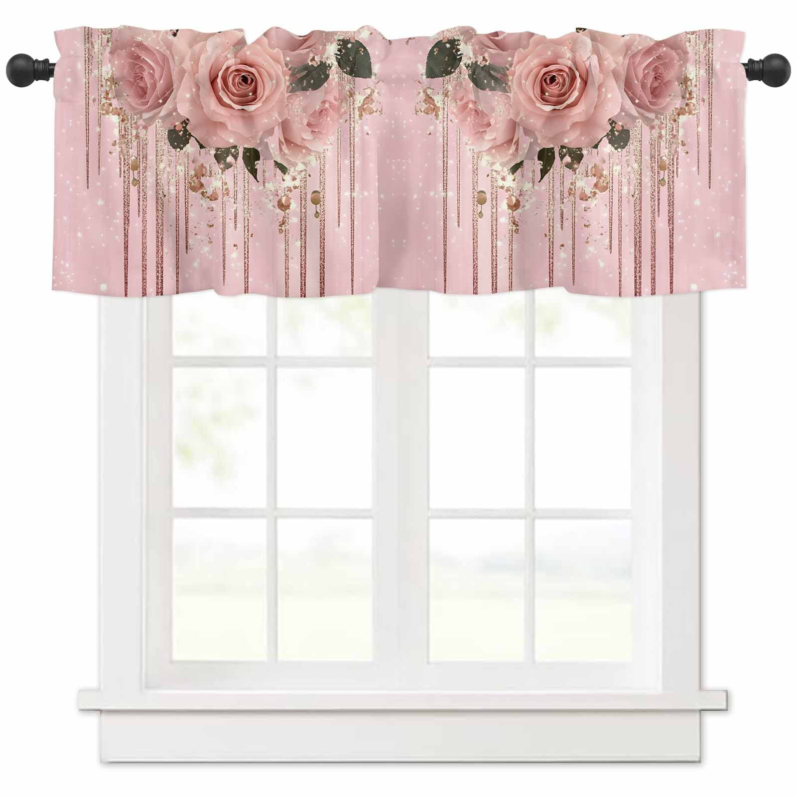 Pink Roses Romantic Valances for Windows Farmhouse Kitchen Curtains ...