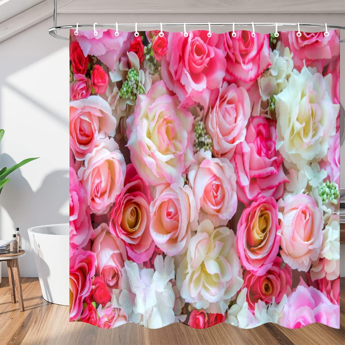 Pink Roses Shower Curtain Fabric Shower Curtain Set with 12 Hooks ...