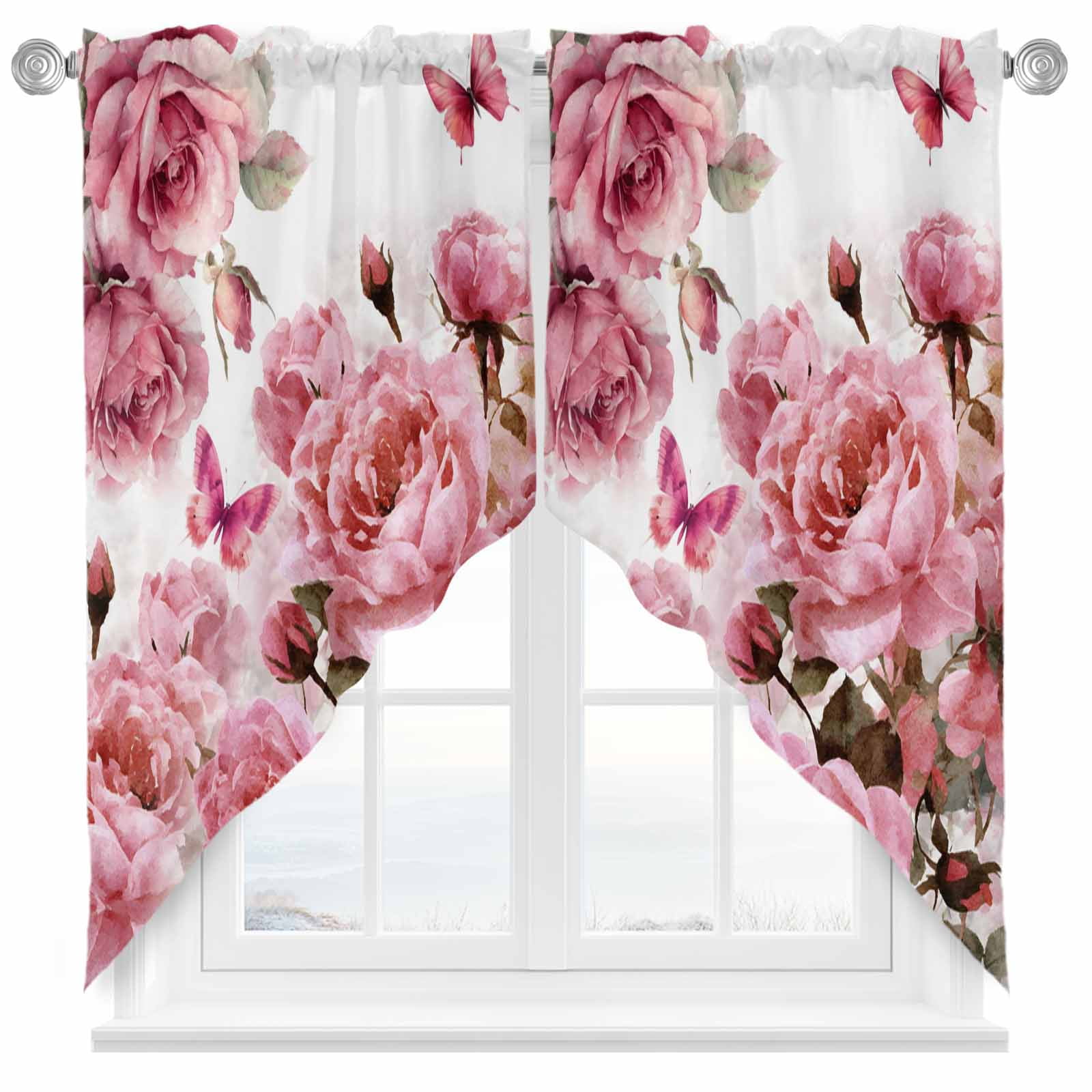 Pink Roses Swag Kitchen Curtain Valances, Spring Watercolor Gradient ...