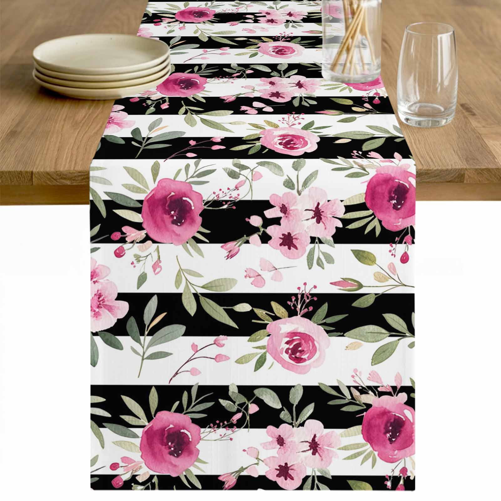 Pink Roses Table Runner - 108 Inch Long Romantic Flowers Leaves Floral ...