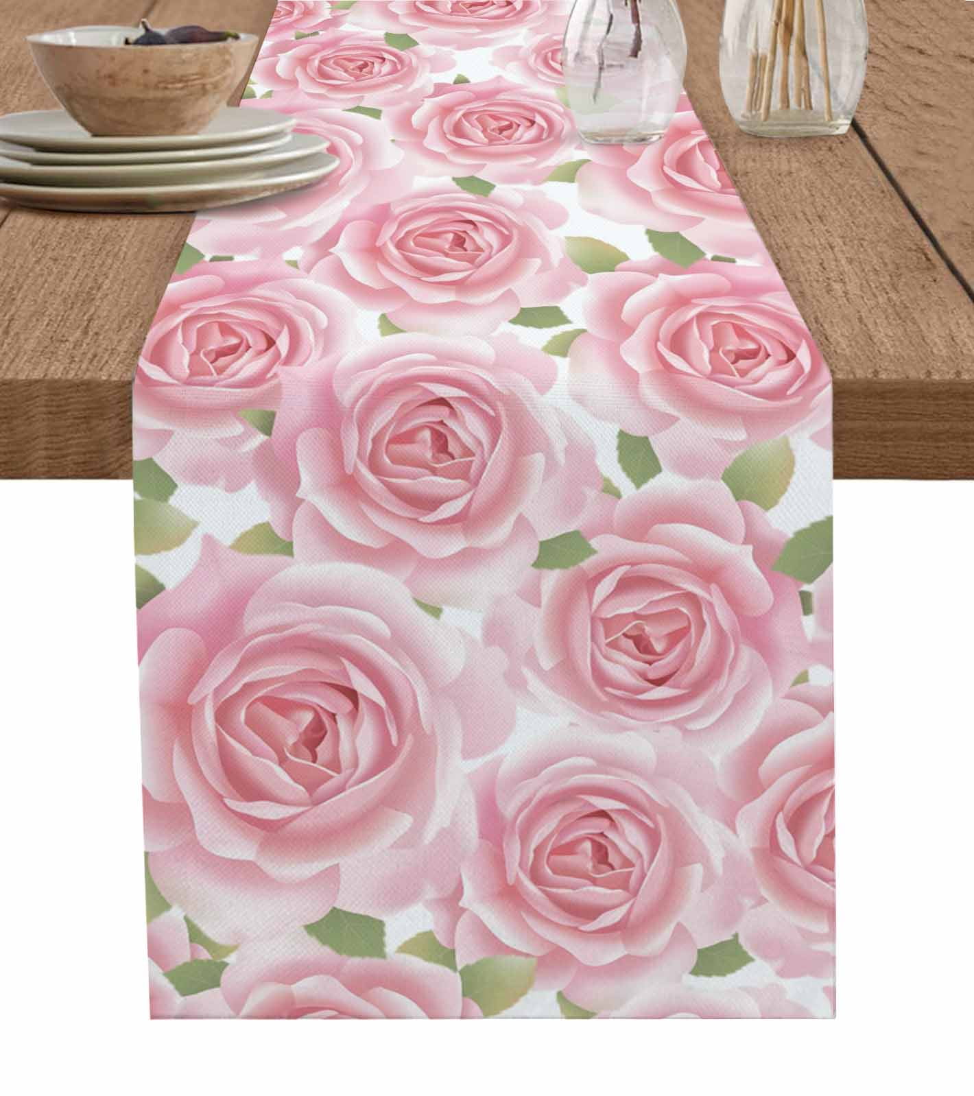 Pink Roses Table Runner 70 Inches, Retro Flower Floral Botanicall Plant ...