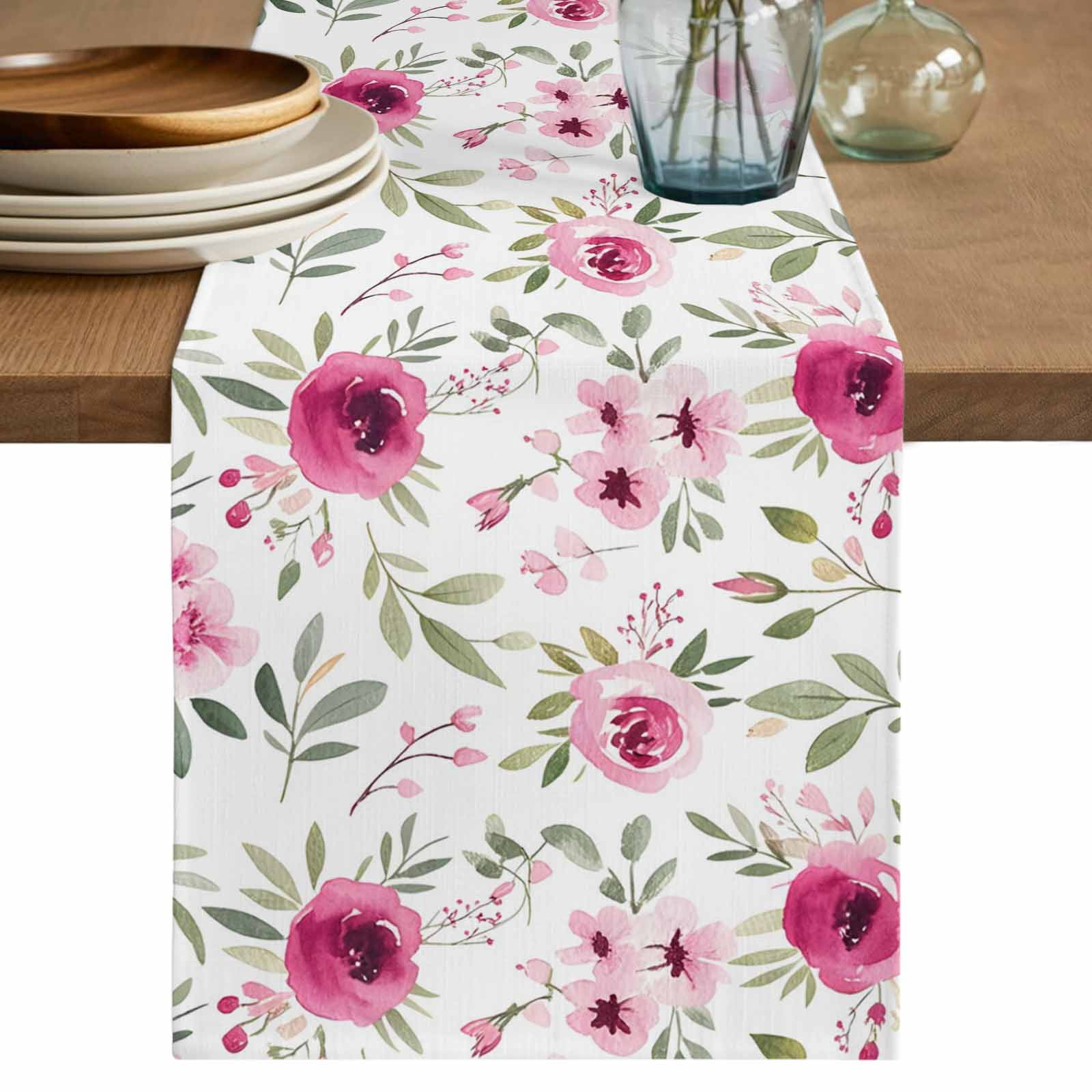 Pink Roses Table Runner 70 Inches, Romantic Flowers Leaves Vintage ...