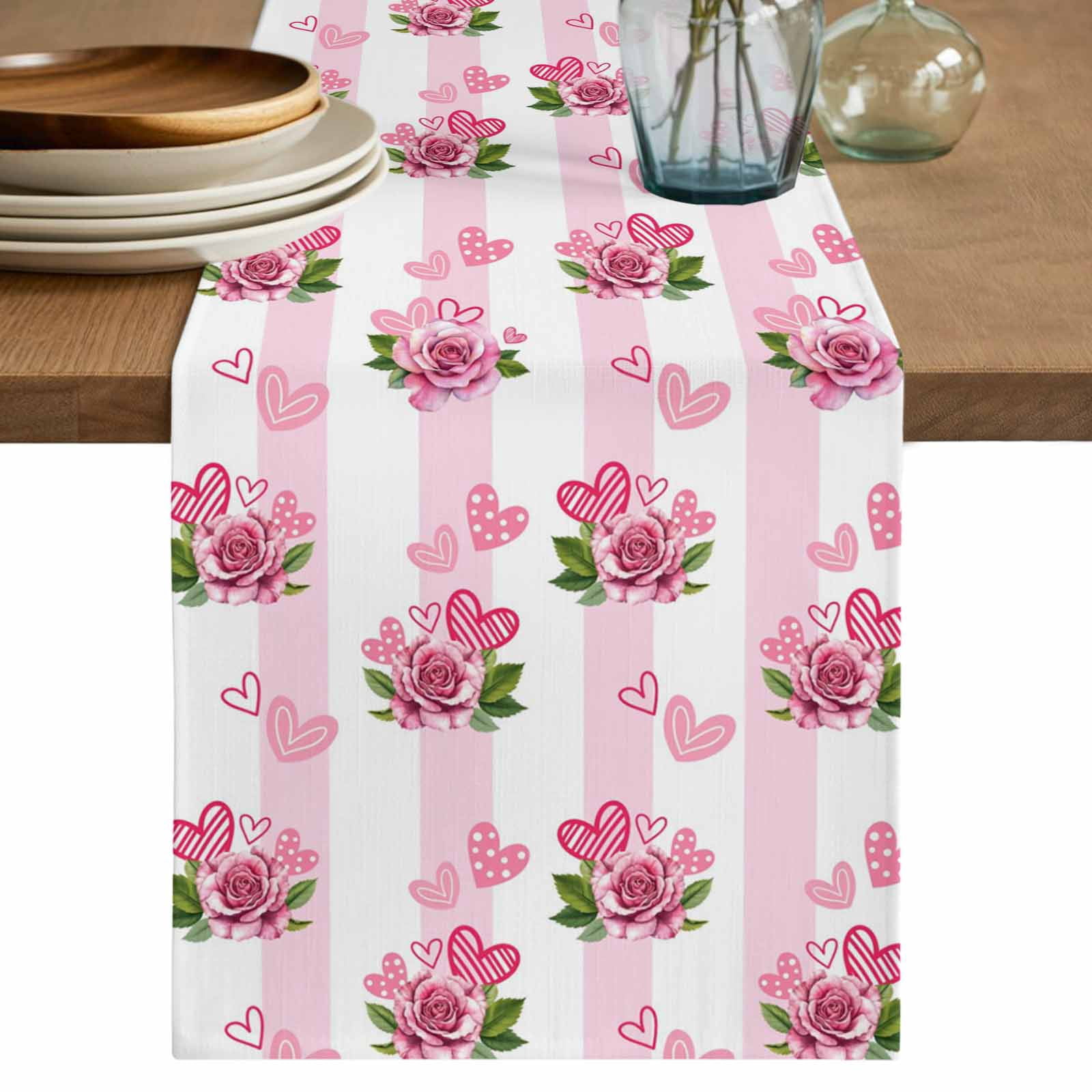 Pink Roses Table Runner 70 Inches, Valentine's Day Love Floral Stripes ...