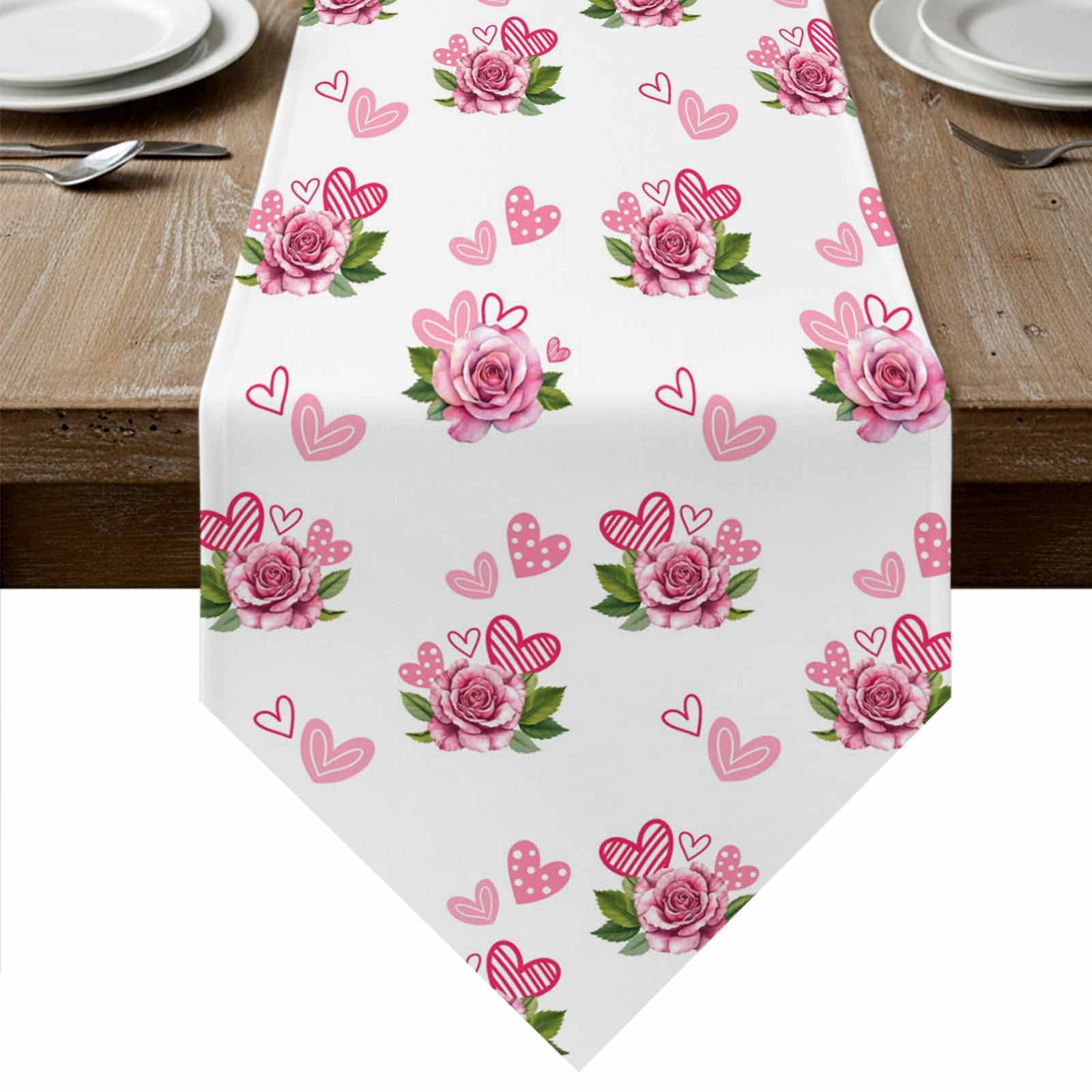 Pink Roses Table Runner Linen Burlap Table Runner 36 Inches Small ...