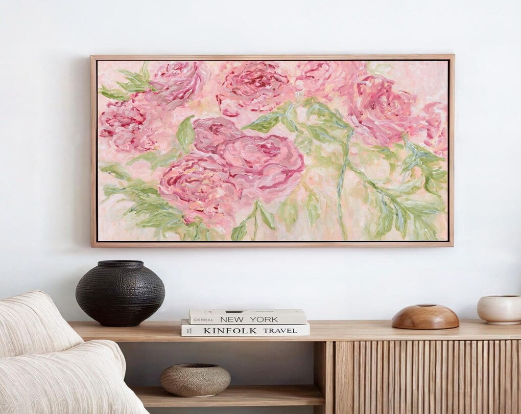 Pink Roses Wall Art Flowers Painting Long Horizontal Living Room Wall ...
