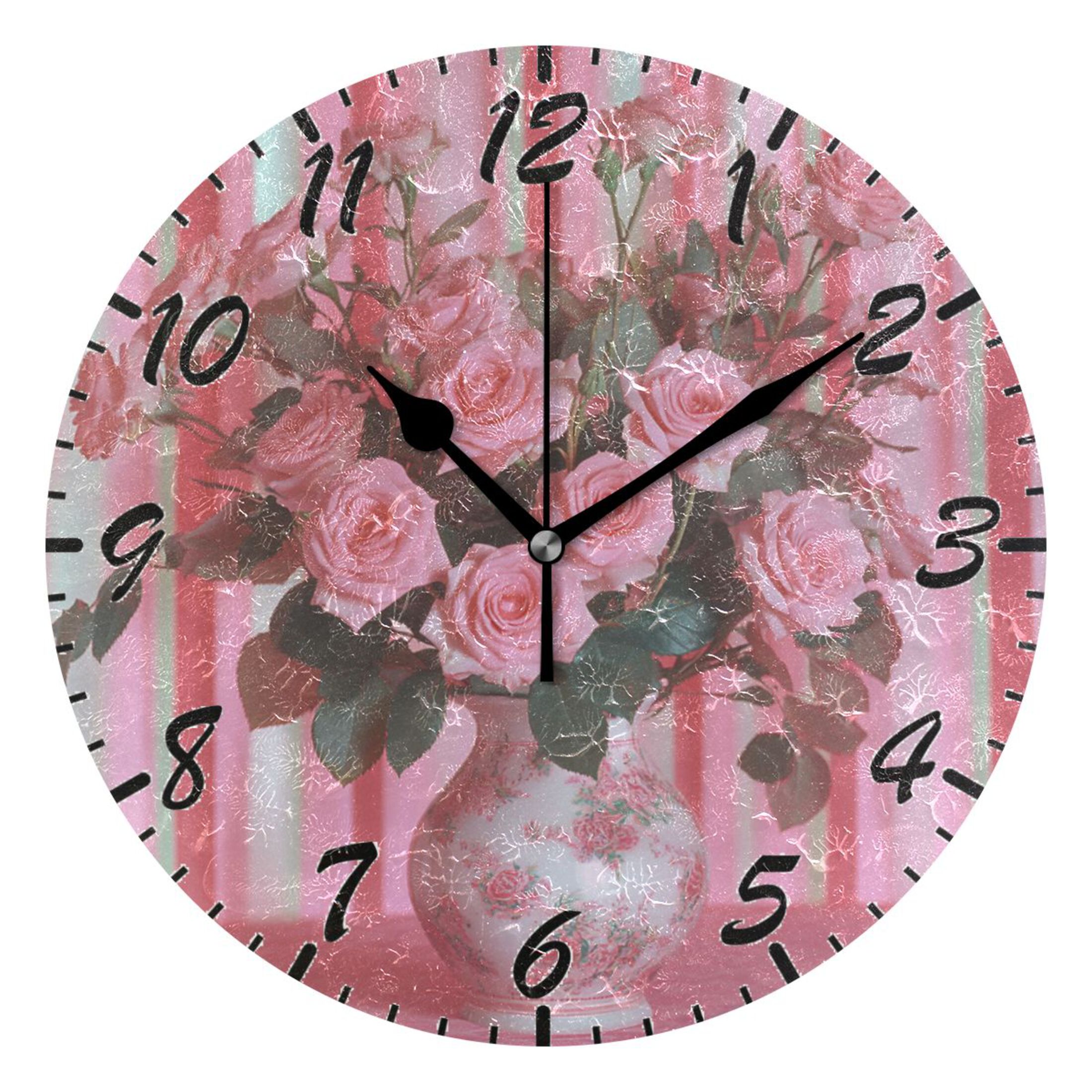 Pink Roses Wall Clock 10 Inch Battery Operated Clocks Living Room Decor ...