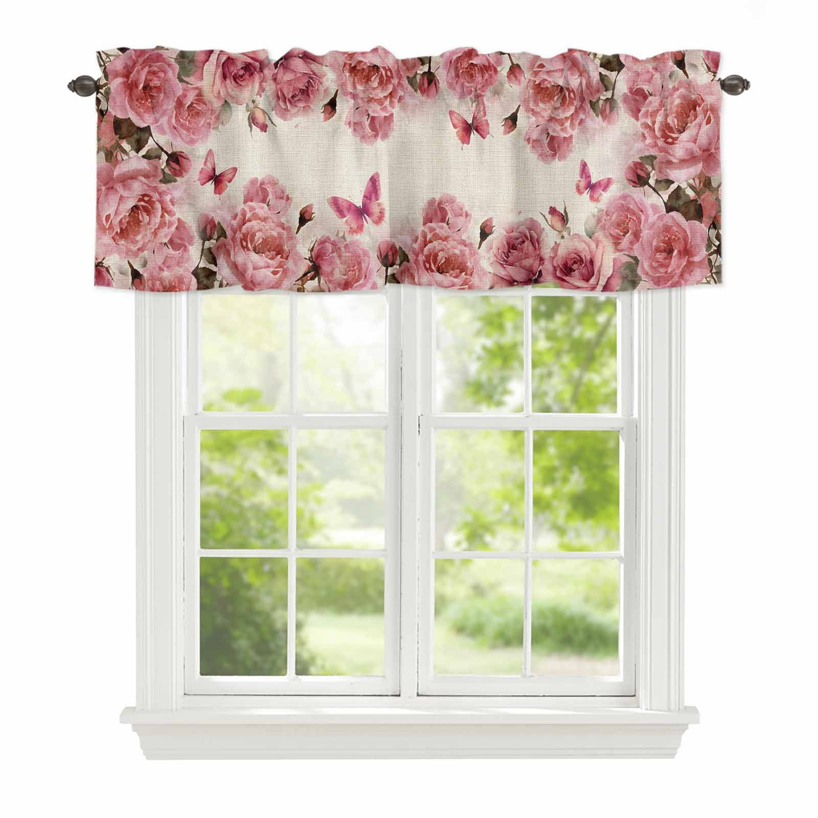 Pink Roses Window Valance for Kitchen, Spring Watercolor Gradient Pink ...