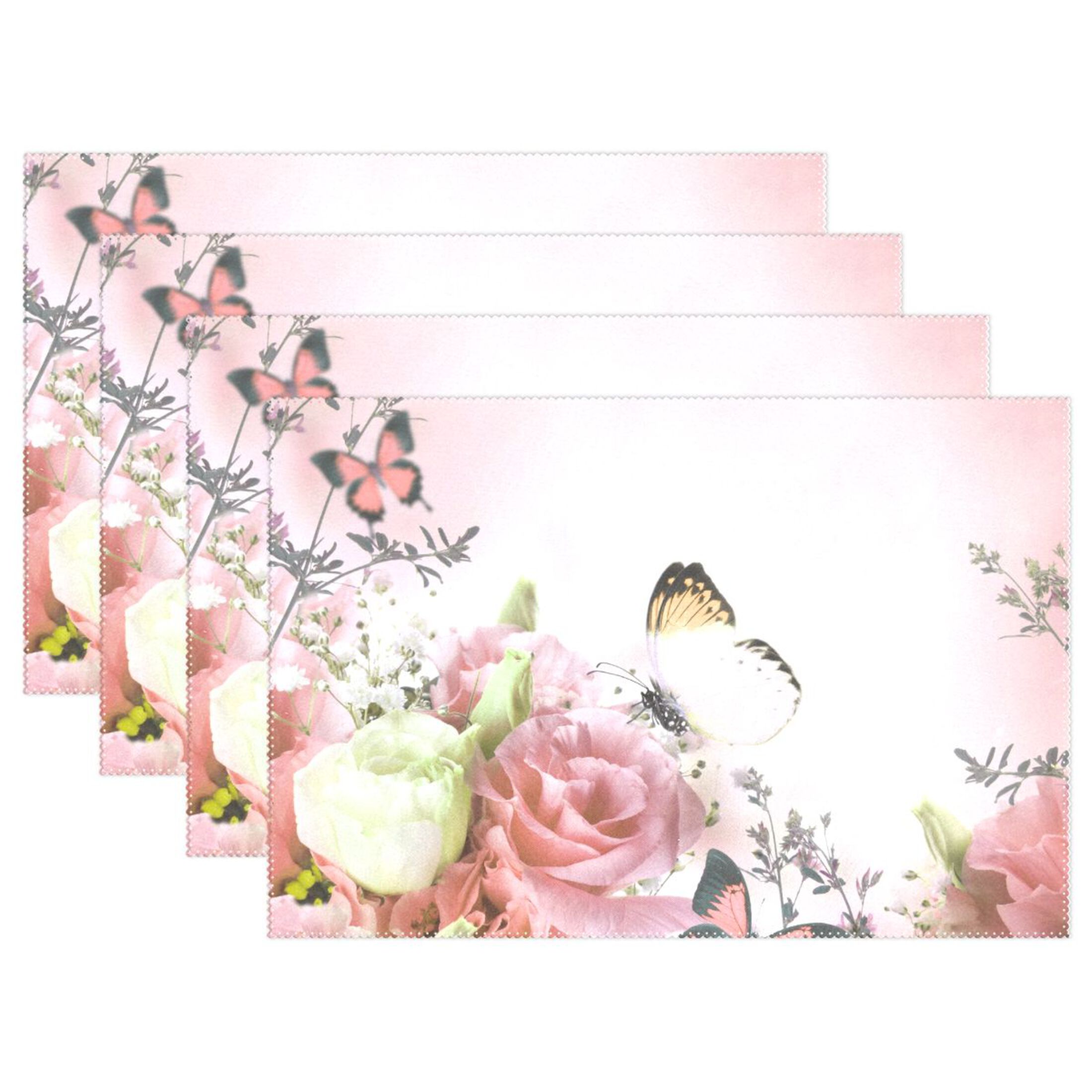 Pink Roses and Butterfly 4 PCs Placemats Set Linen Non-Slip Table Mat ...