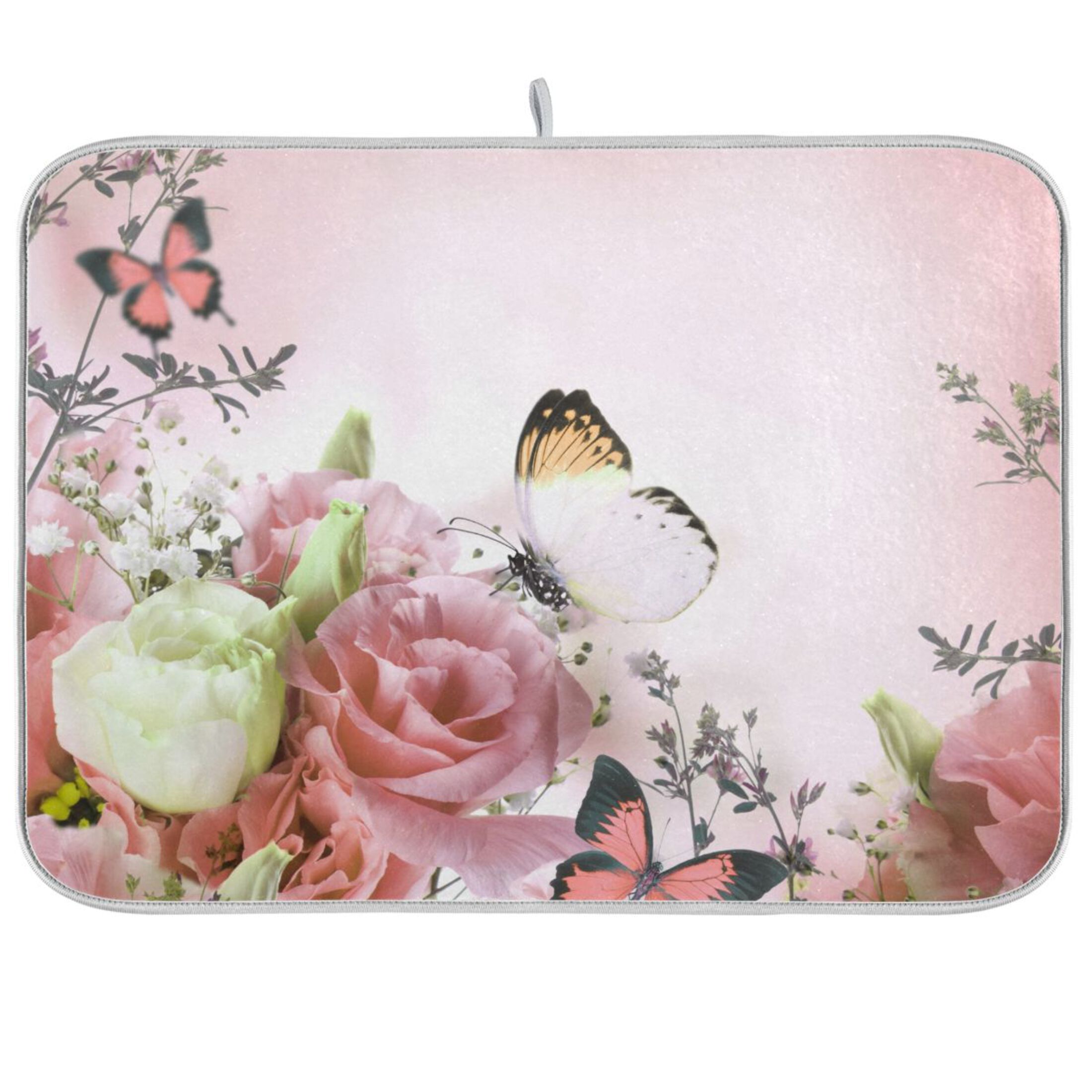 Pink Roses and Butterfly Dish Drying Mat Microfiber Kitchen Pad Large ...