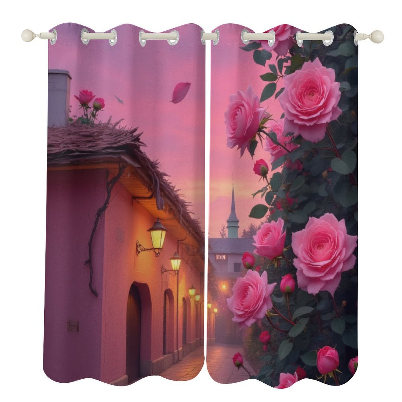 Pink Roses at Dusk 2 Panels 3D Printing Pattern Curtain for Bedroom ...