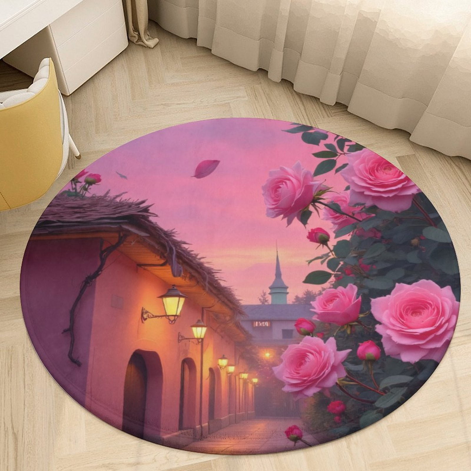 Pink Roses at Dusk Round Area Rugs for Bedroom Living Room, 4FT Soft ...