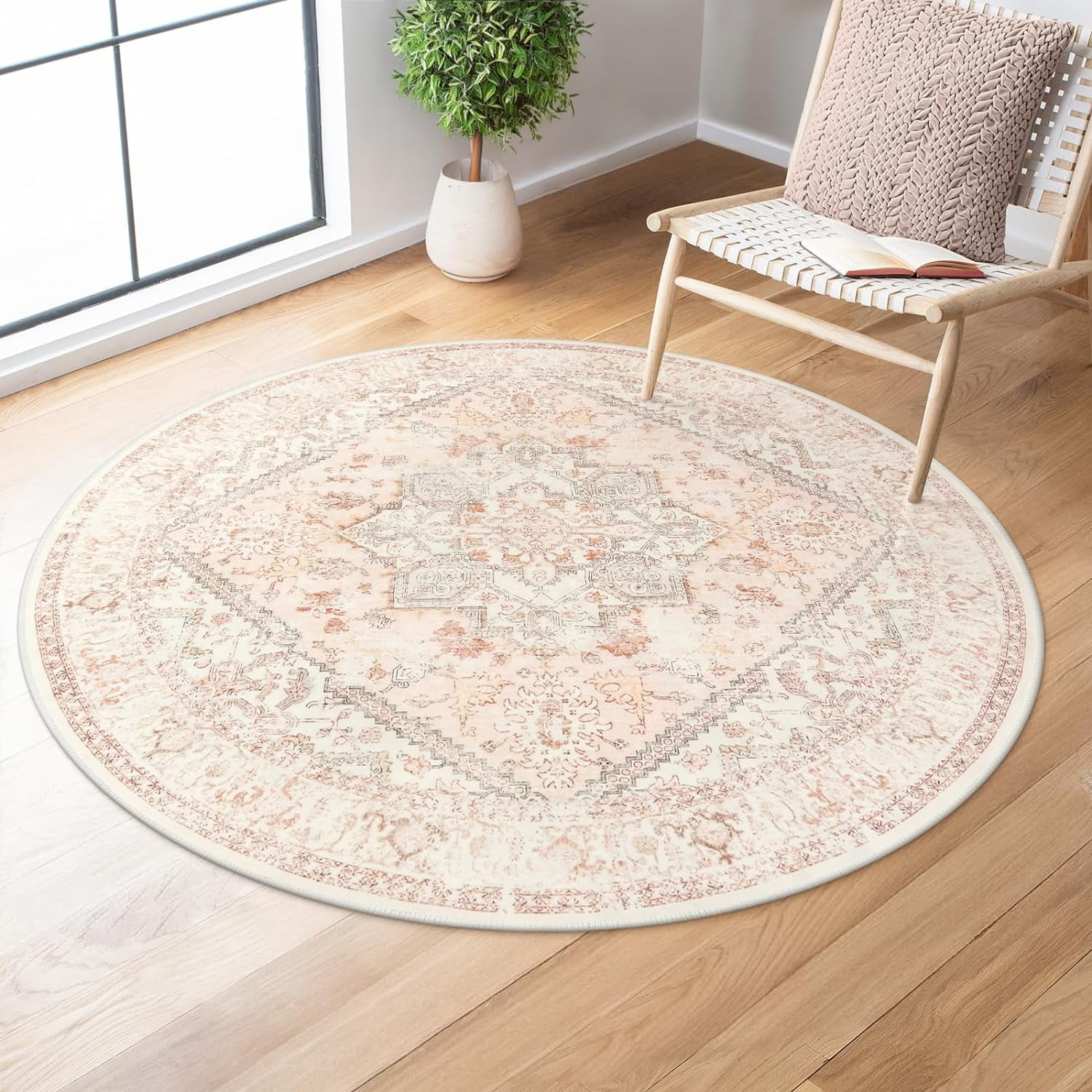 Pink Round Rug 4ft - Machine Washable Circle Rug for Living Room, Non ...