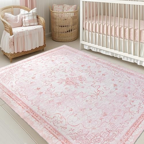 Pink Rug for Bedroom Girl Nursey 5x7 - Bow Dorm Rug for College,Cute ...