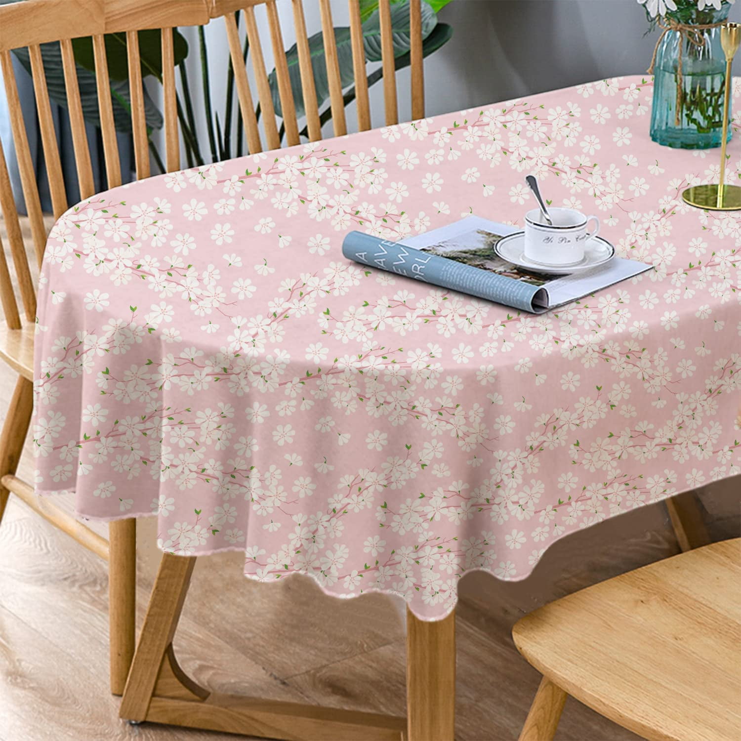Pink Sakura Oval Tablecloth, Floral Oval Tablecloth, Pink Flowers Print ...