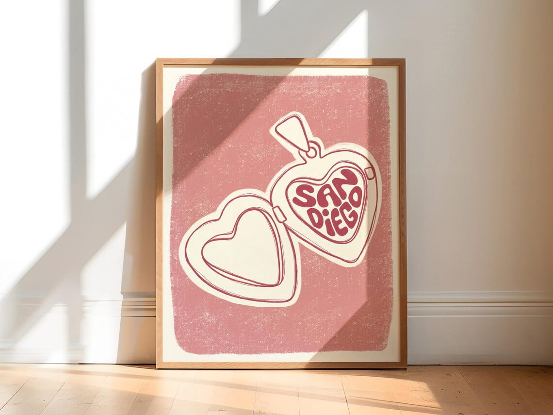 Pink San Diego Locket Print, California Wall Art, Heart Locket Poster ...