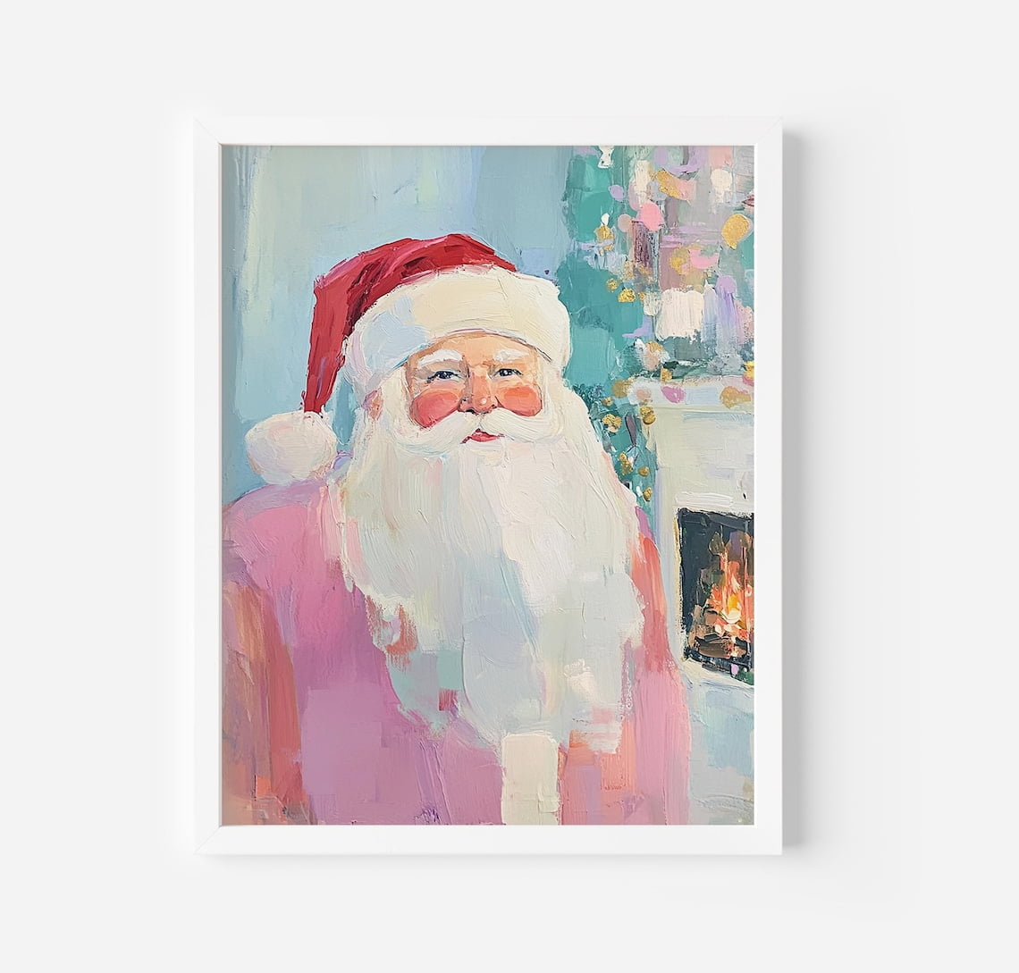 Pink Santa Claus Portrait: Pastel Wall Art , Girly December Poster ...