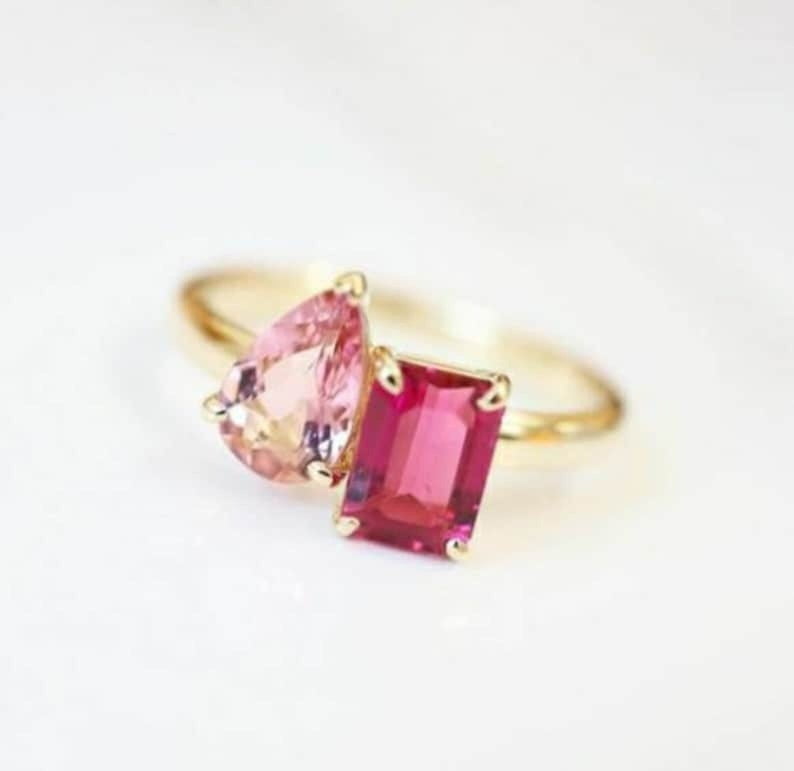 Pink Sapphire and Ruby Engagement Ring, Two Stone Ring, Pear and ...