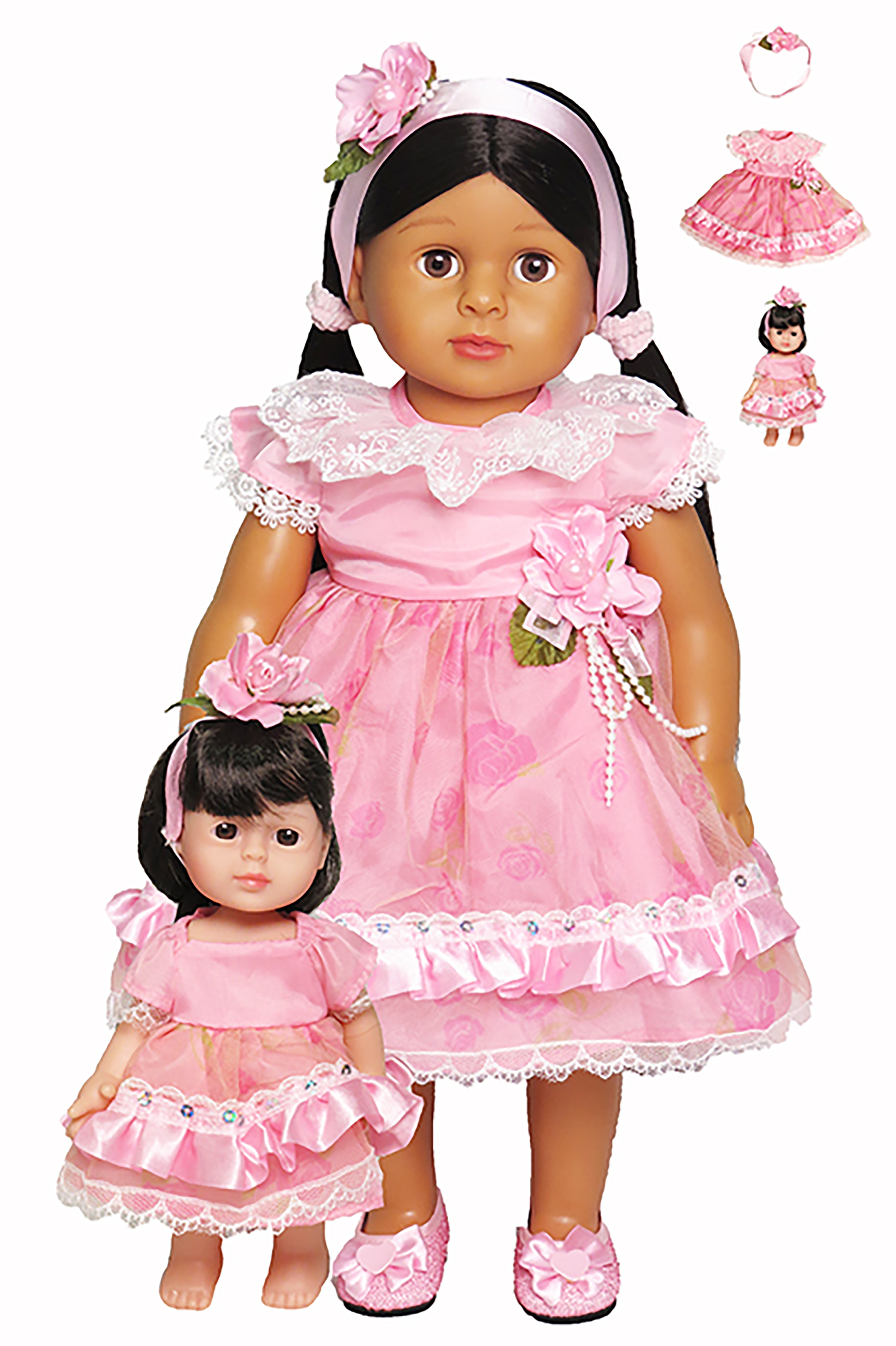 Pink Satin Dress with Headband & Matching Babydoll for 18-Inch Dolls ...