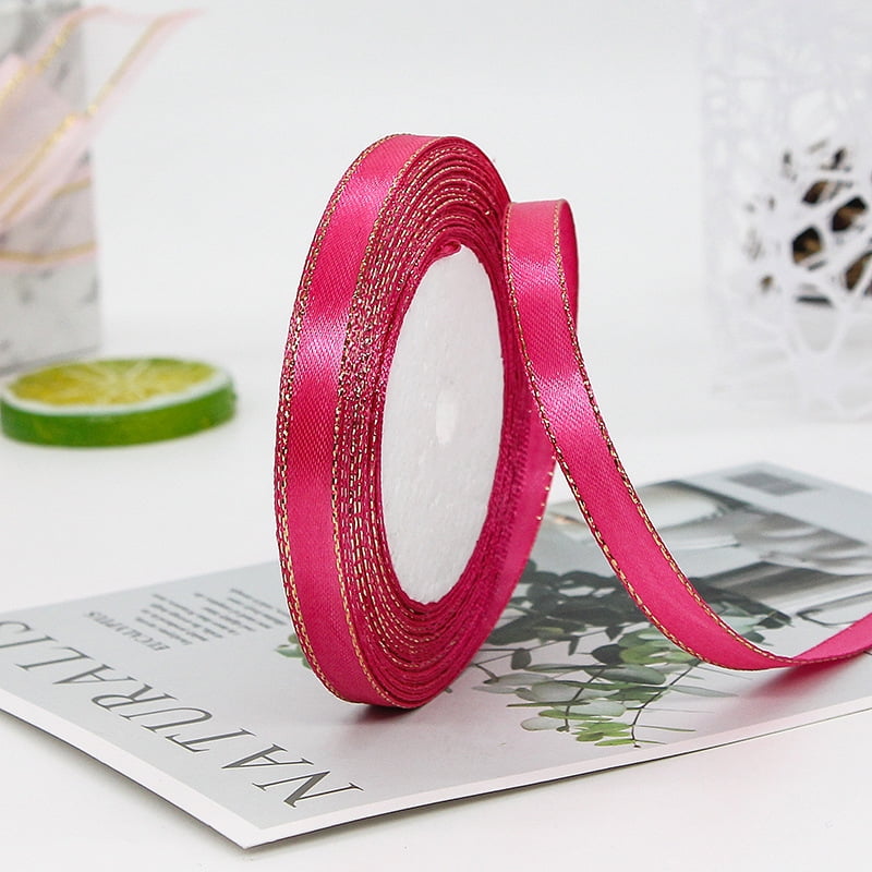 Pink Satin Ribbon with Gold Edge, 3/8” Polyester Continuous Ribbon -25 ...