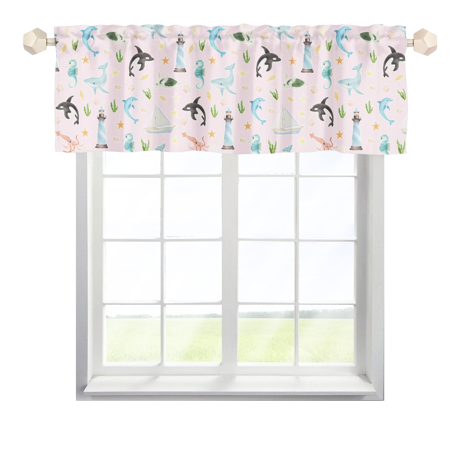 Pink Sea Animals Valances 54''x18'' Whale Sea Horse Dolphin Corals ...