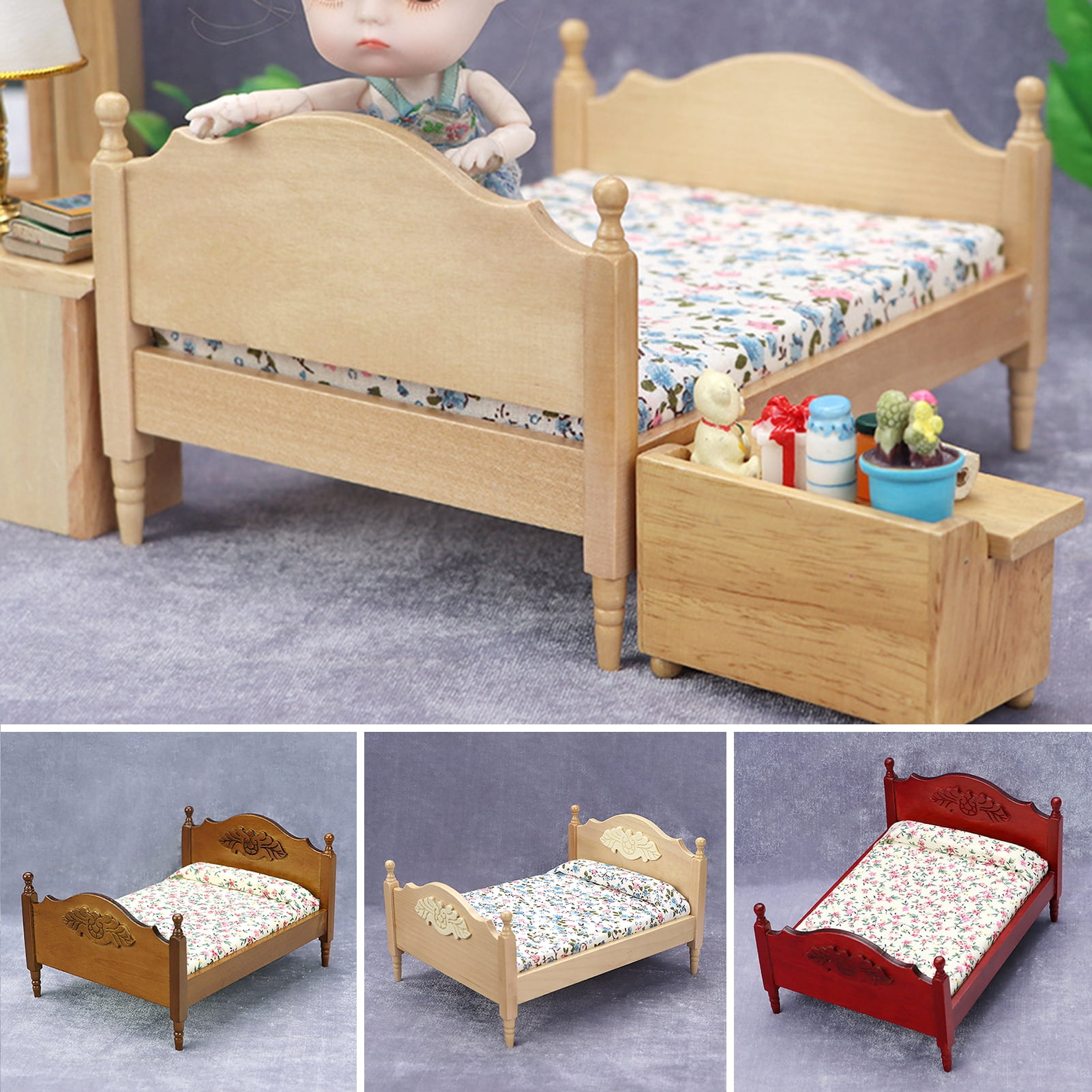 Pink Season 1:12 Dollhouse Bed Flower Design Miniature Furniture Wooden ...