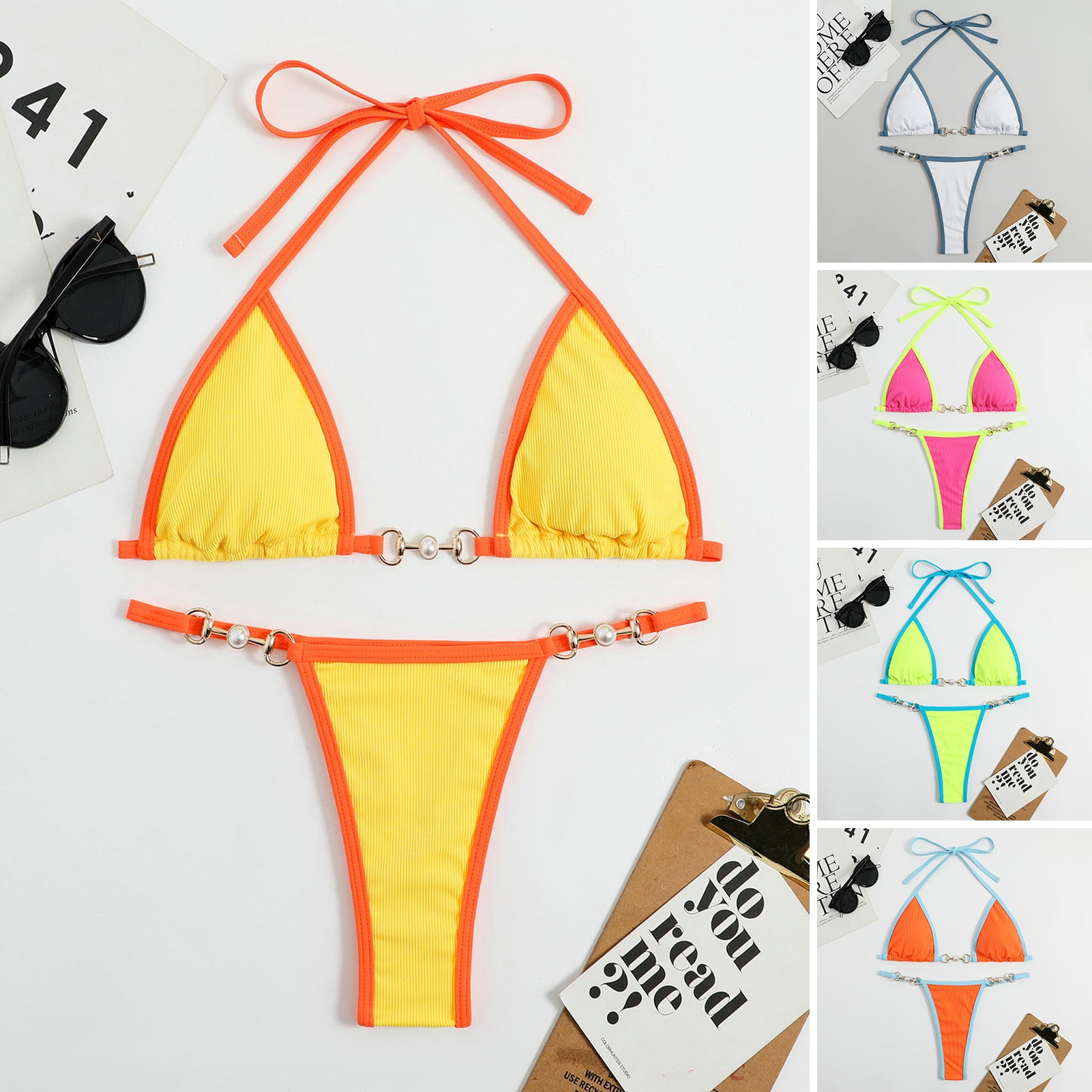 Pink Season 2 Pcs/Set Women Bikini Set Contrast Color Three-point ...