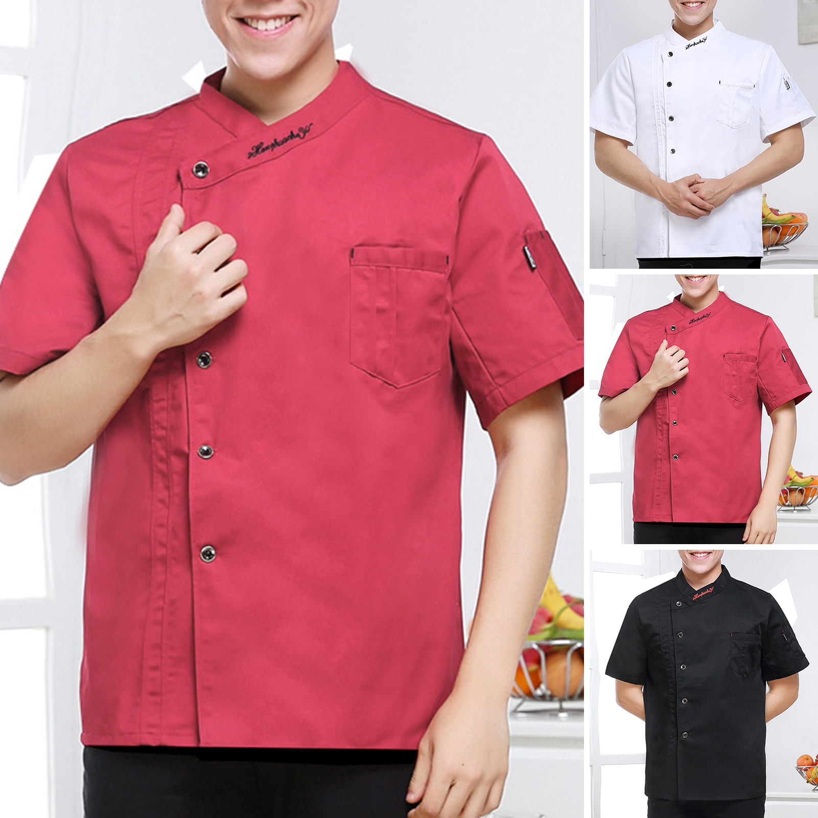 Pink Season Chef Top Patch Pocket Single-breasted Stand Collar Buttons ...
