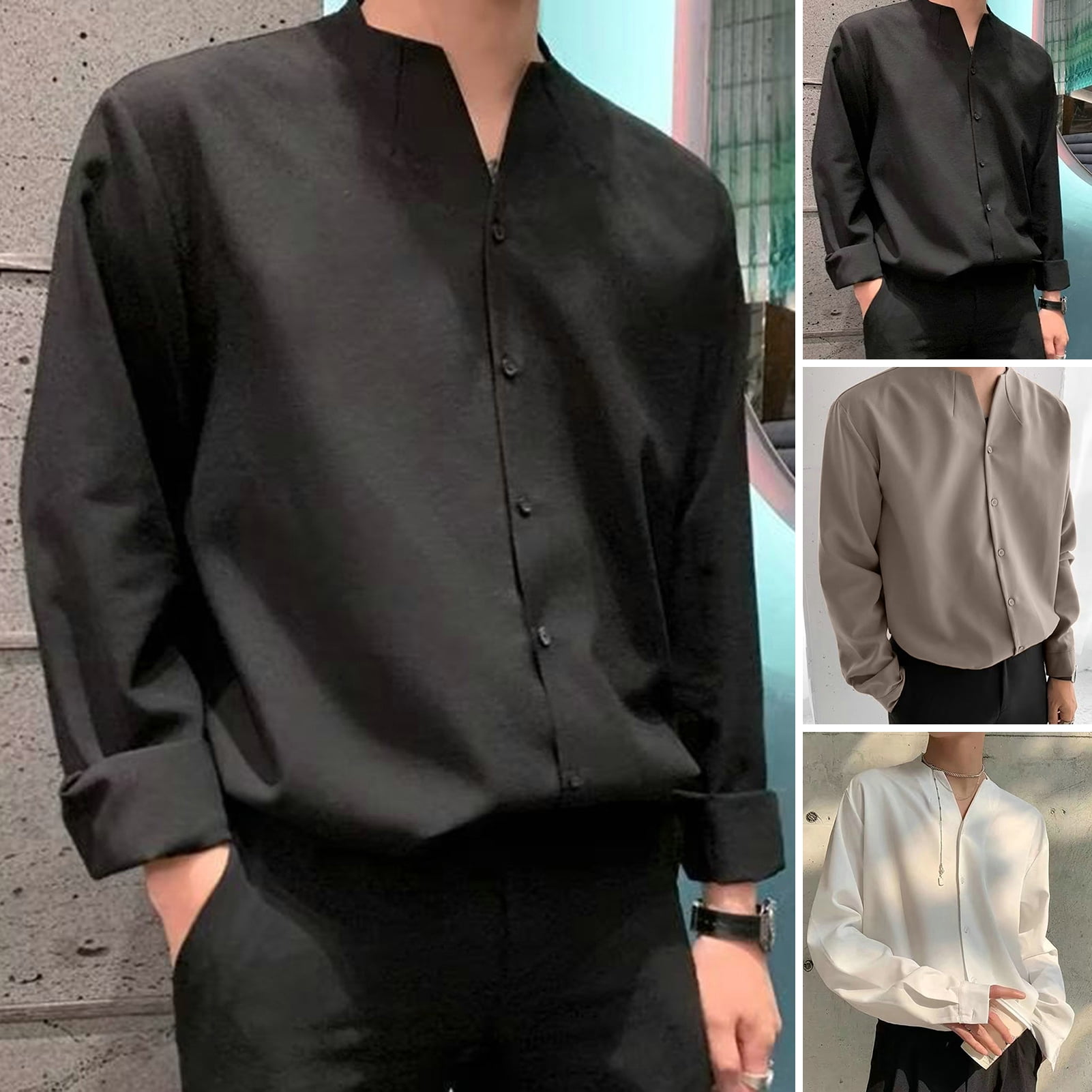 Pink Season Collarless V-neck Long Sleeve Single-breasted Men Shirt ...