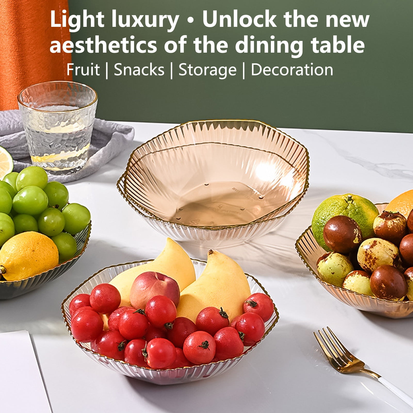 Pink Season Fruit Bowl Transparent Golden Edge Large Capacity Food ...