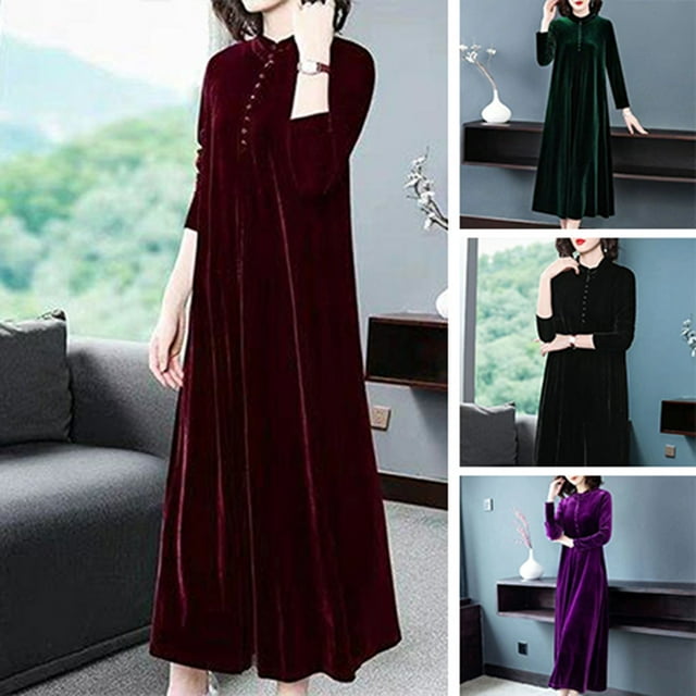 Pink Season Women Fall Dress Solid Color Loose Long Sleeves Button Maxi ...