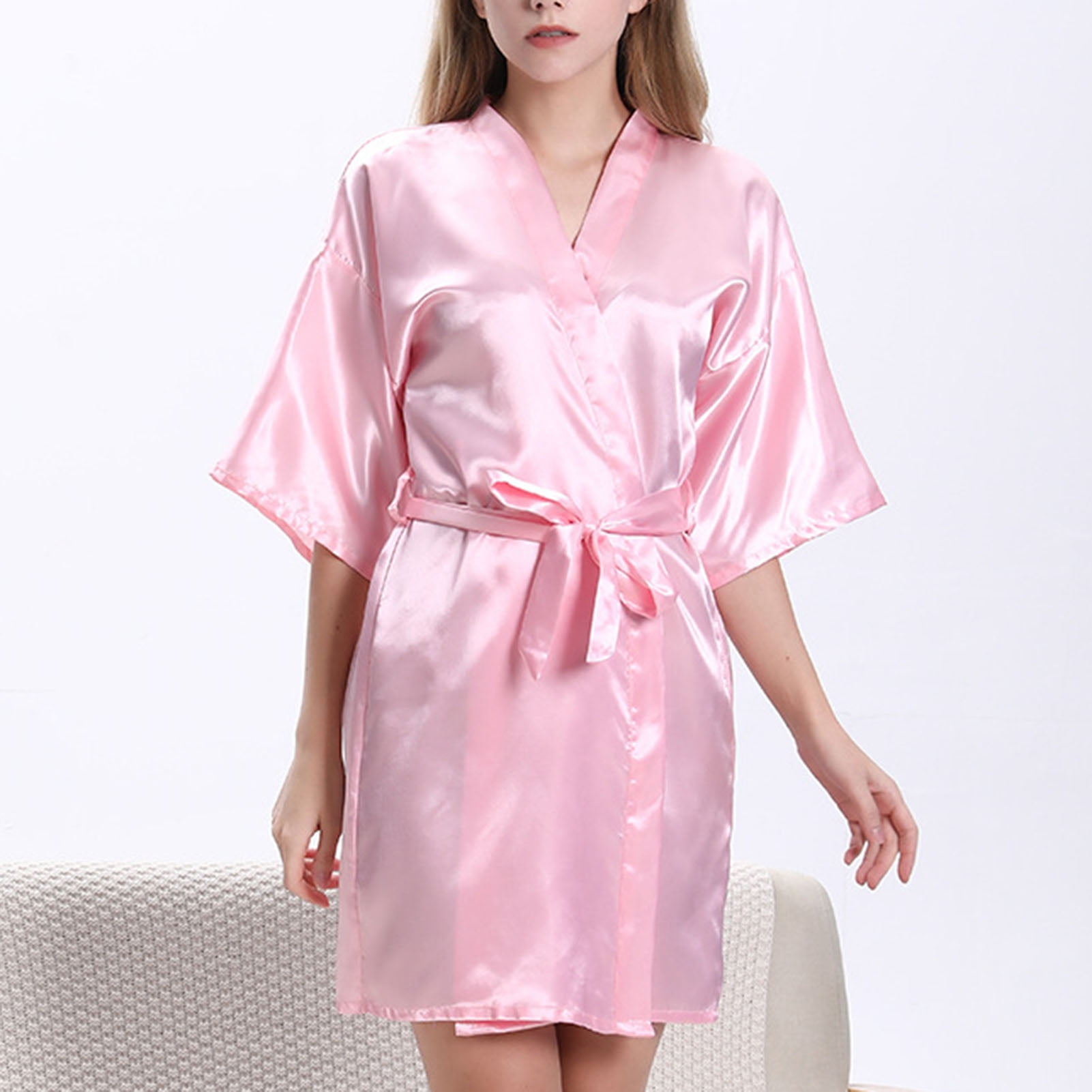 Pink Season Women Robe Solid Color Half Sleeve Belt Faux Silk Sleepwear ...