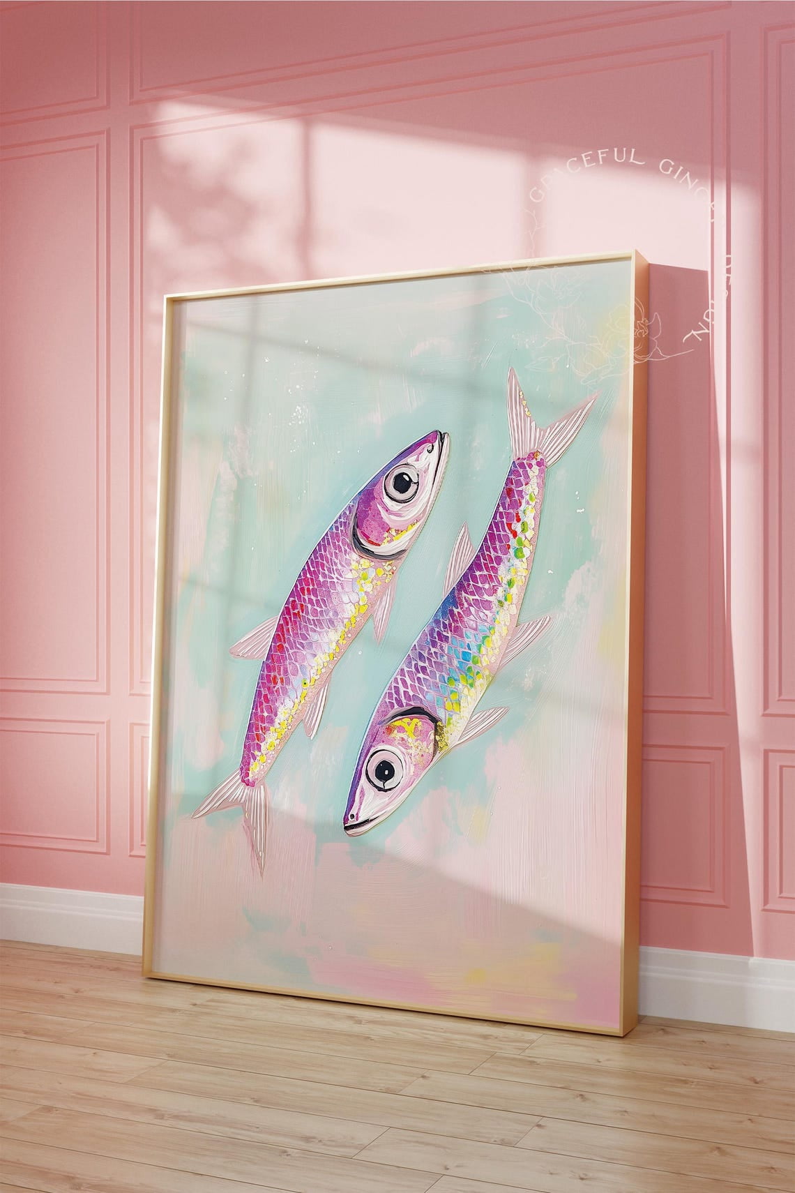 Pink Sequin Sardines Print, Glam Kitchen Coastal Wall Art Home Decor ...