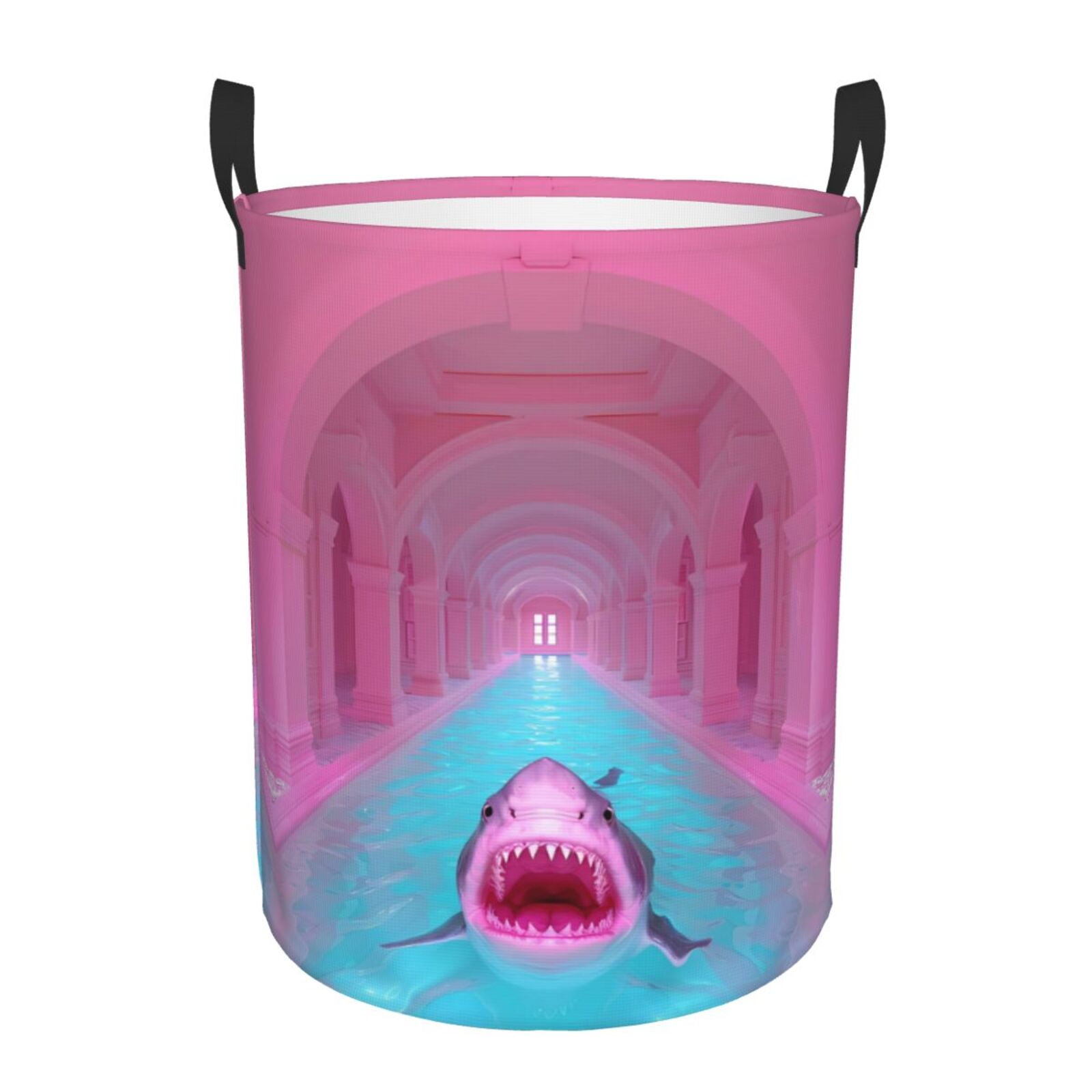 Pink Shark Pool Fantasy Round Laundry Basket, Laundry Hamper with ...