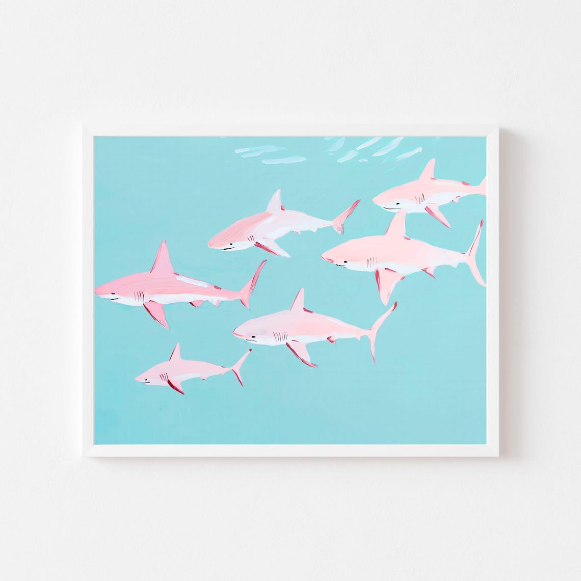 Pink Sharks Swimming Painting Pastel Ocean Animal Wall Art Print ...