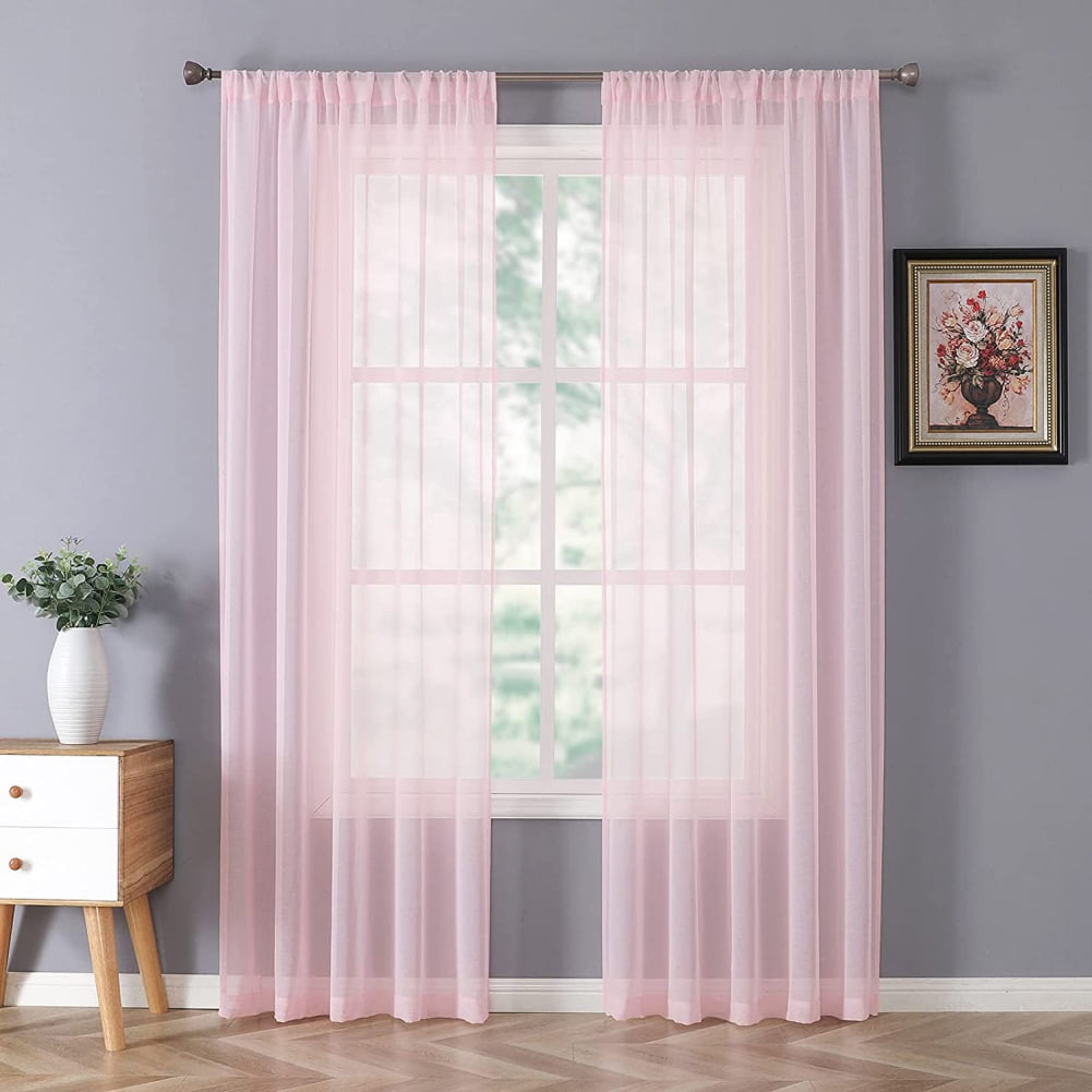 Pink Sheer Voile Window Treatment Rod Pocket Curtain Panels for Kitchen ...