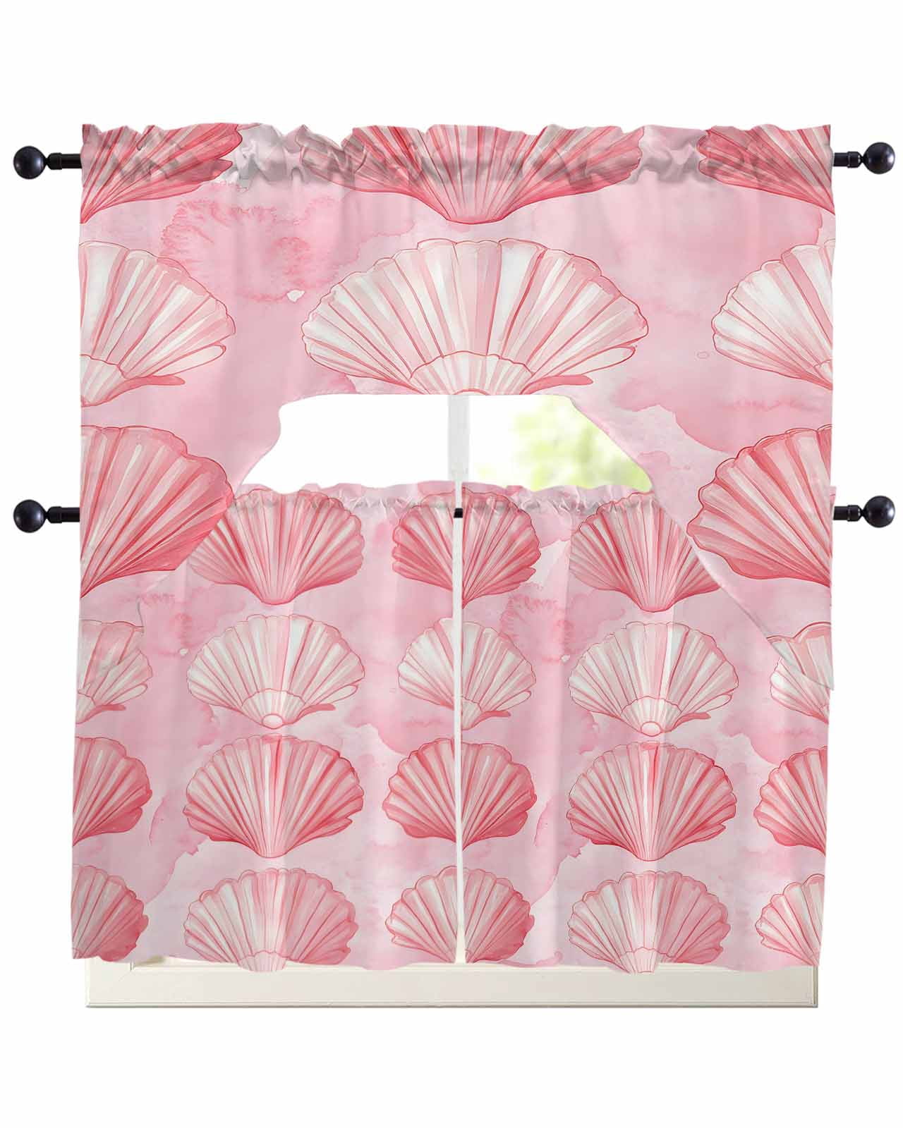 Pink Shell Coastal Kitchen Curtains Swag Valance and Tier Curtains Set ...