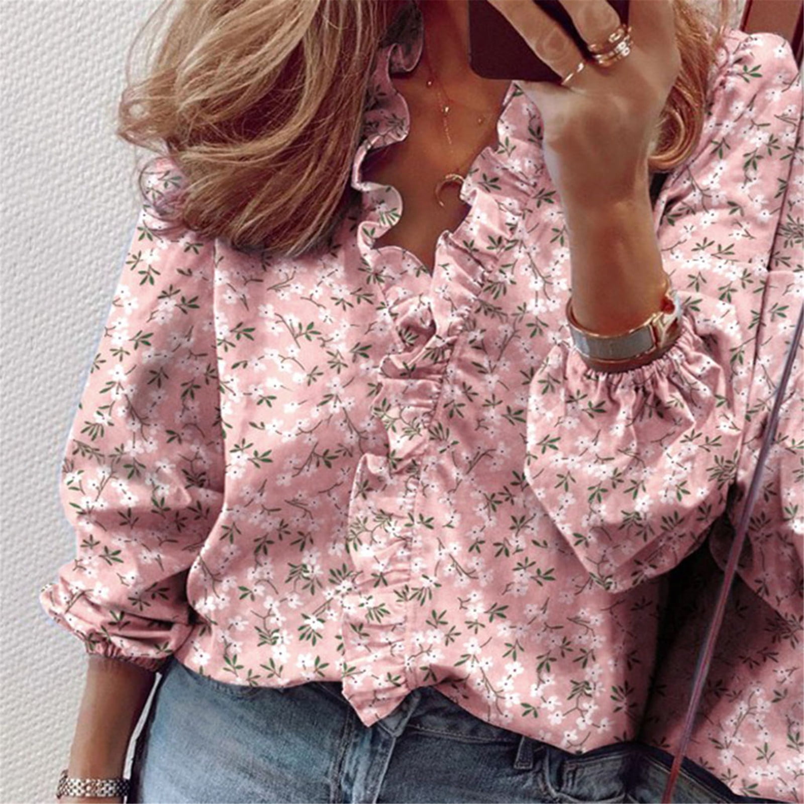 Pink Shirts For Women's Summer Ruffle V-Neck Short Sleeve Solid Print ...