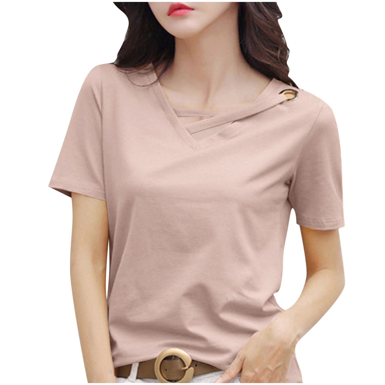 Pink Short Sleeve Outfit for Women Fall Winter Vneck Spandex Loose Fit ...