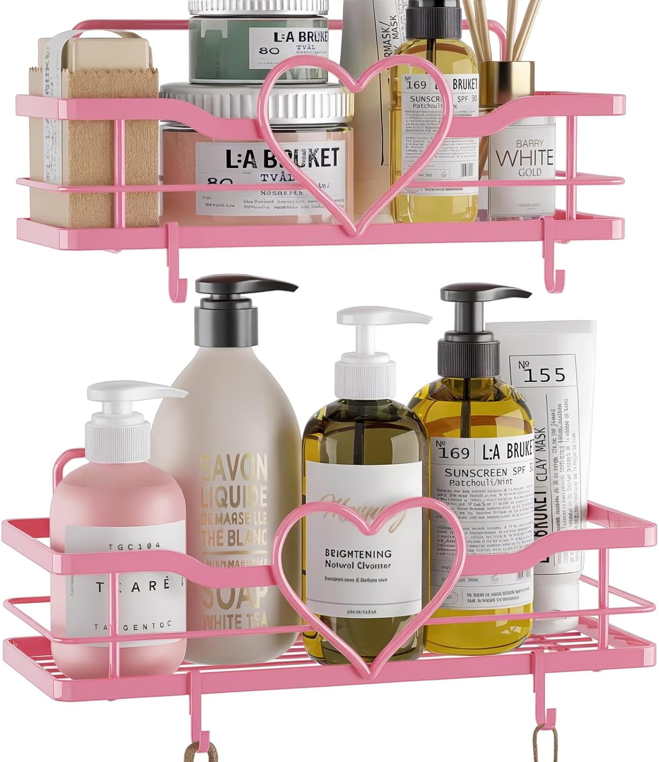 Pink Shower Caddy with 4 Removable Hooks, 2 Pack Sweet Heart Shower ...