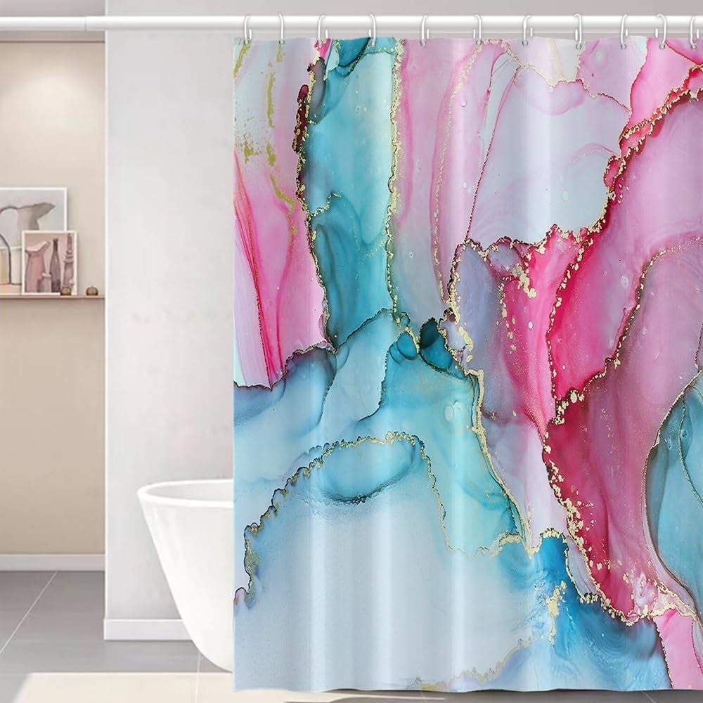 Pink Shower Curtain Blue Marble Fabric Shower Curtains For Bathroom